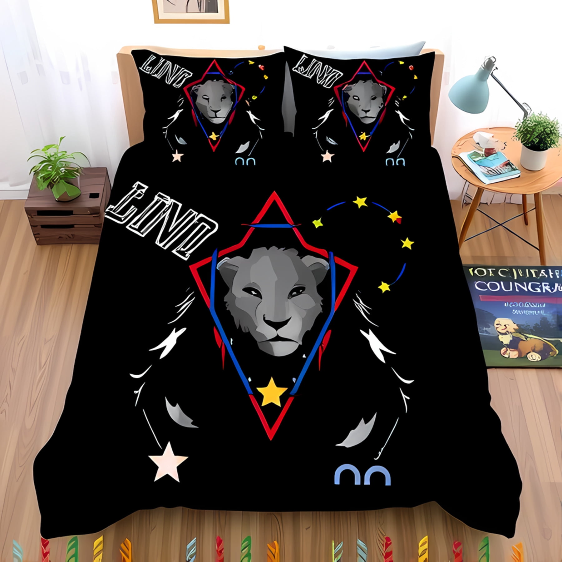 3-Piece Duvet Cover Set with Bold Lion Face Design in Red and Blue ...