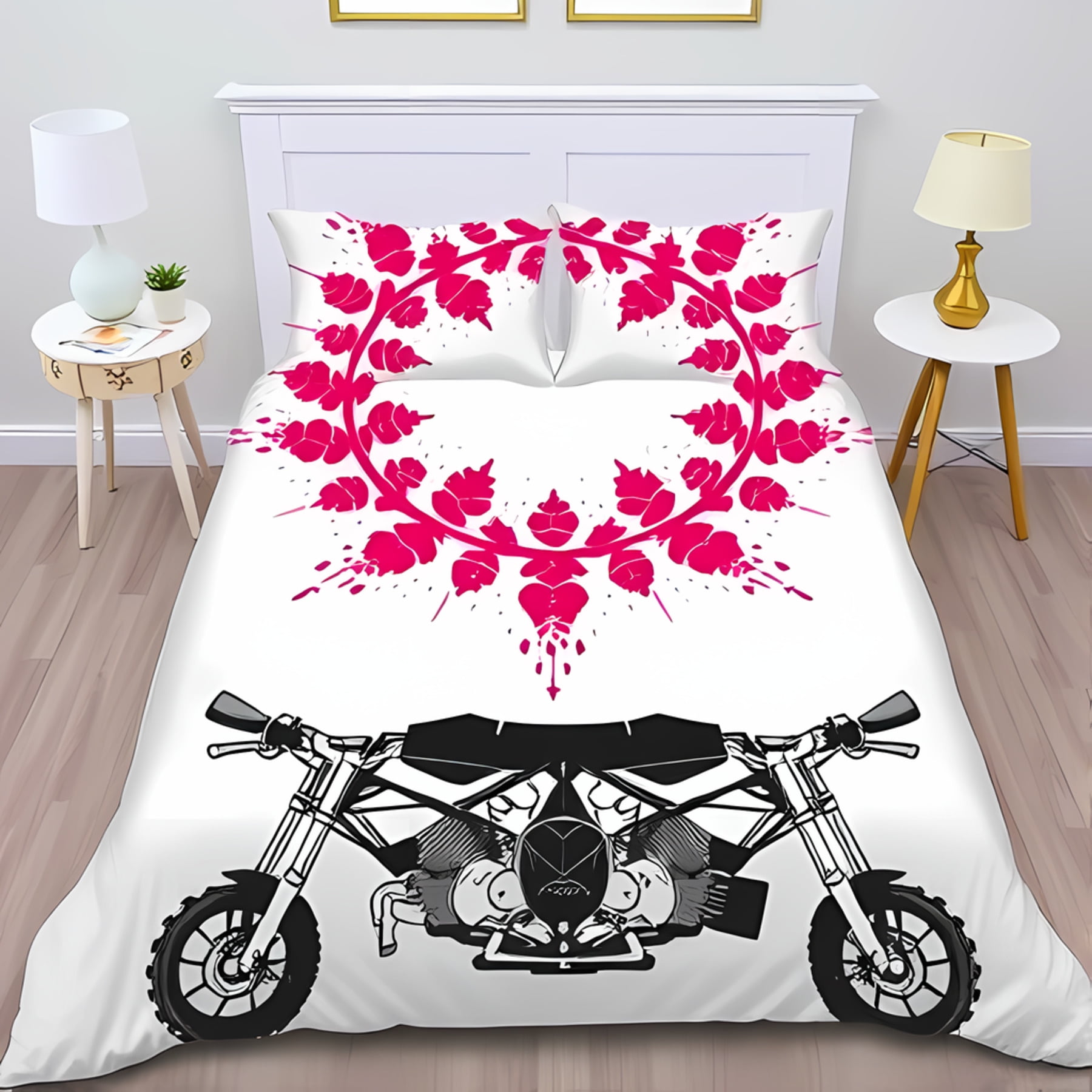 3-Piece Duvet Cover Set with Bold Motorcycle Graphic and Pink Leaf ...