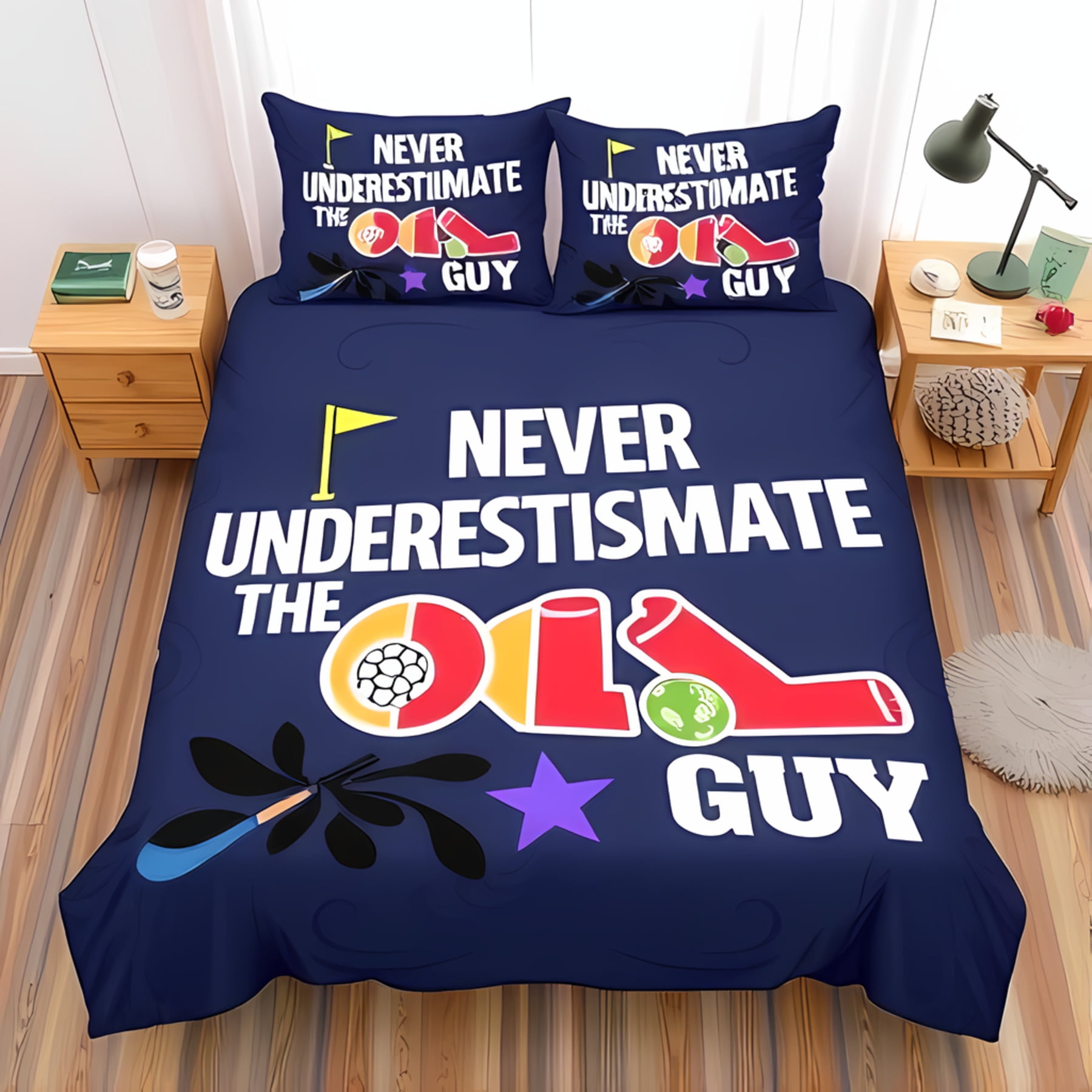 3-Piece Duvet Cover Set with Bold Navy Blue Background Playful Golf ...