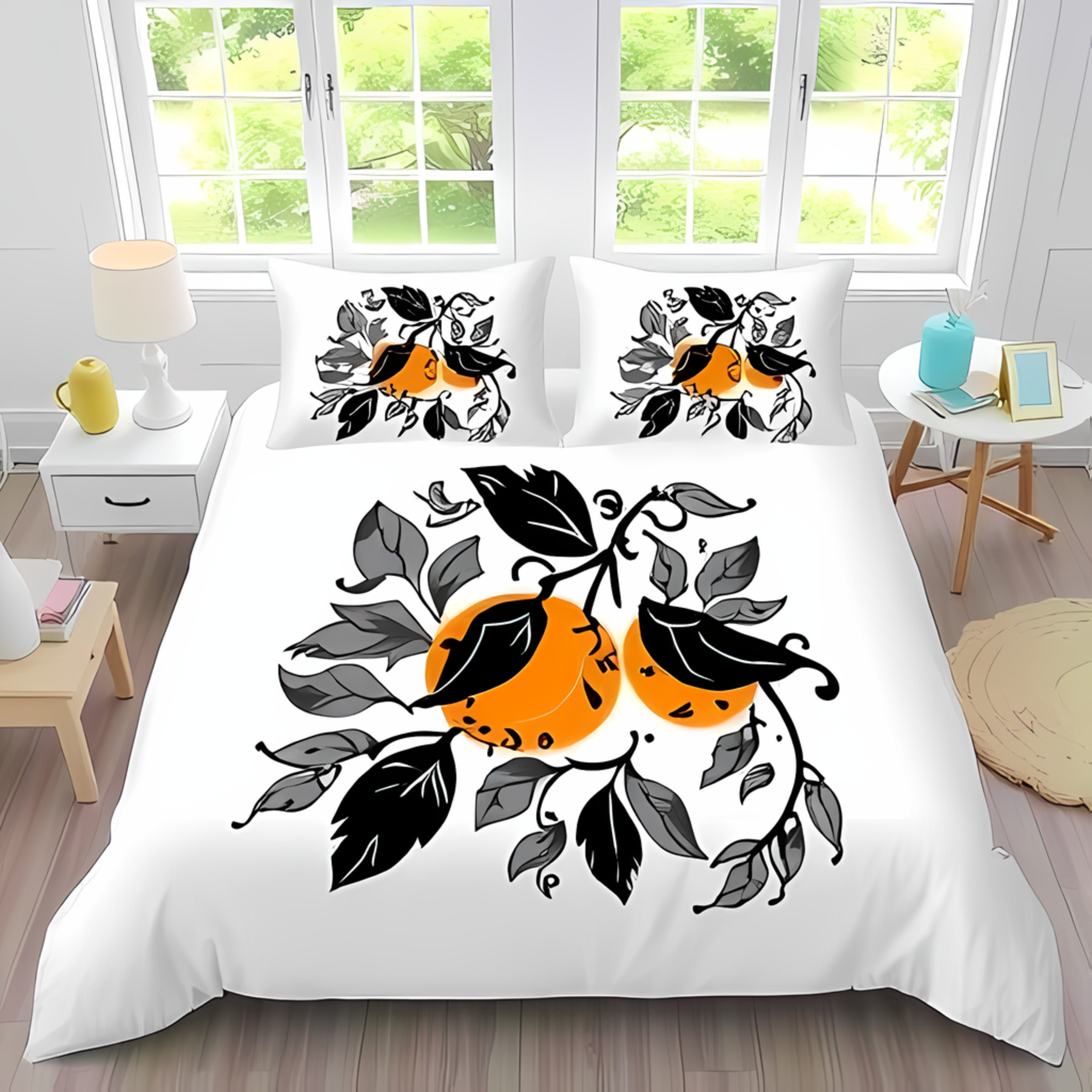 3-Piece Duvet Cover Set with Bold Orange Fruit Design on White ...