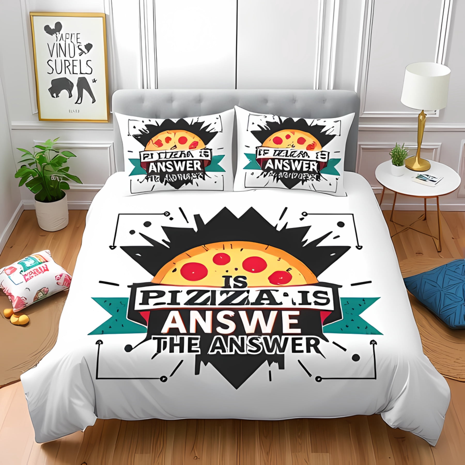 3-Piece Duvet Cover Set with Bold 'PIZZA IS THE ANSWER' Design Includes ...