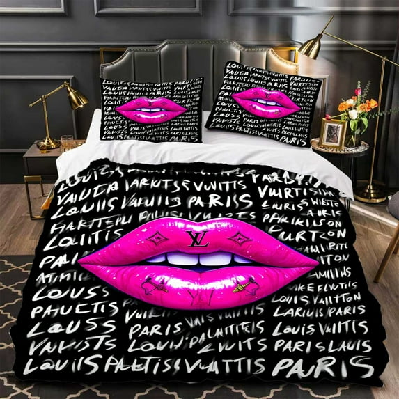 3-Piece Duvet Cover Set with Bold Pink Lips Design & ' PARIS ' Text ...