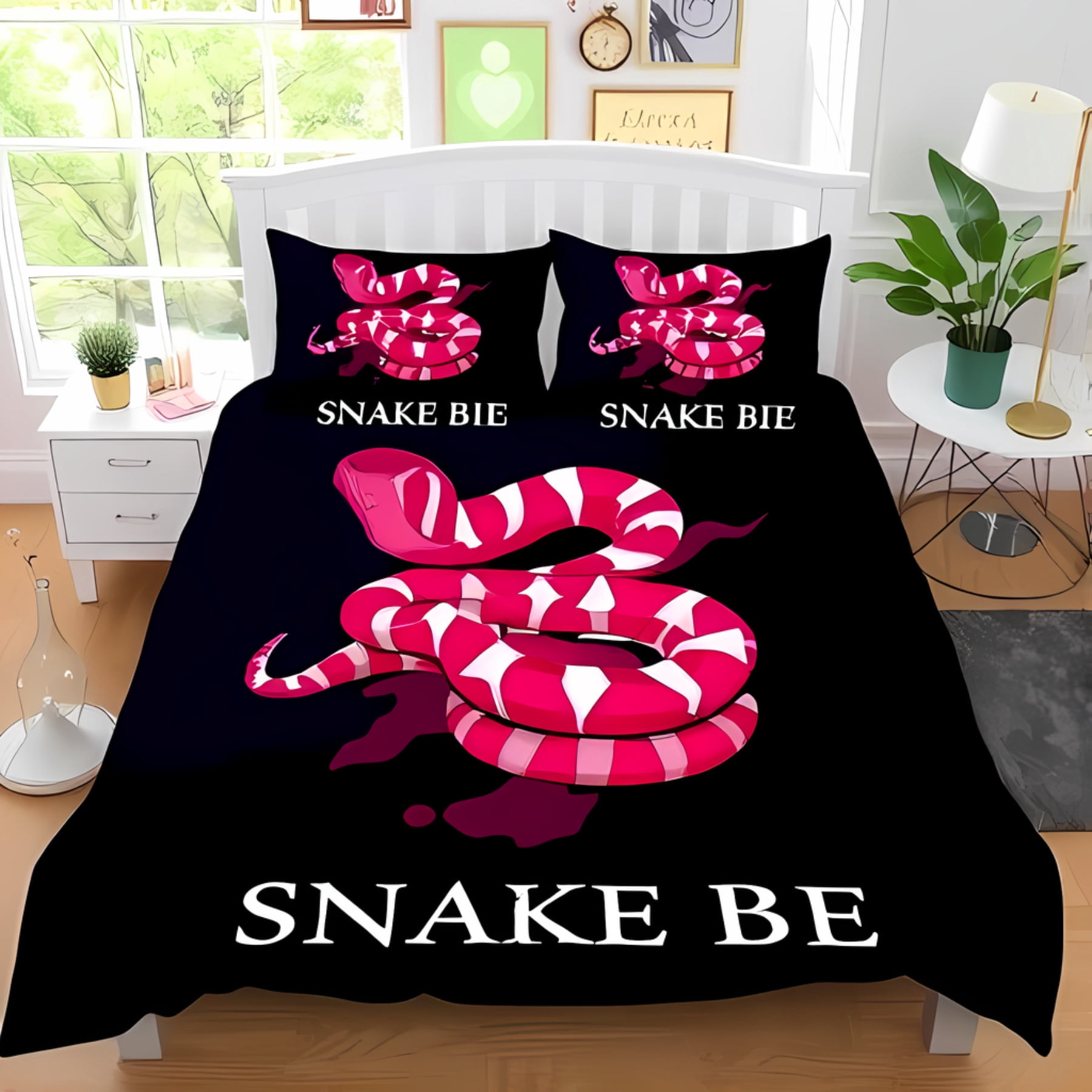 3-Piece Duvet Cover Set with Bold Pink & White Snake Design on Black ...