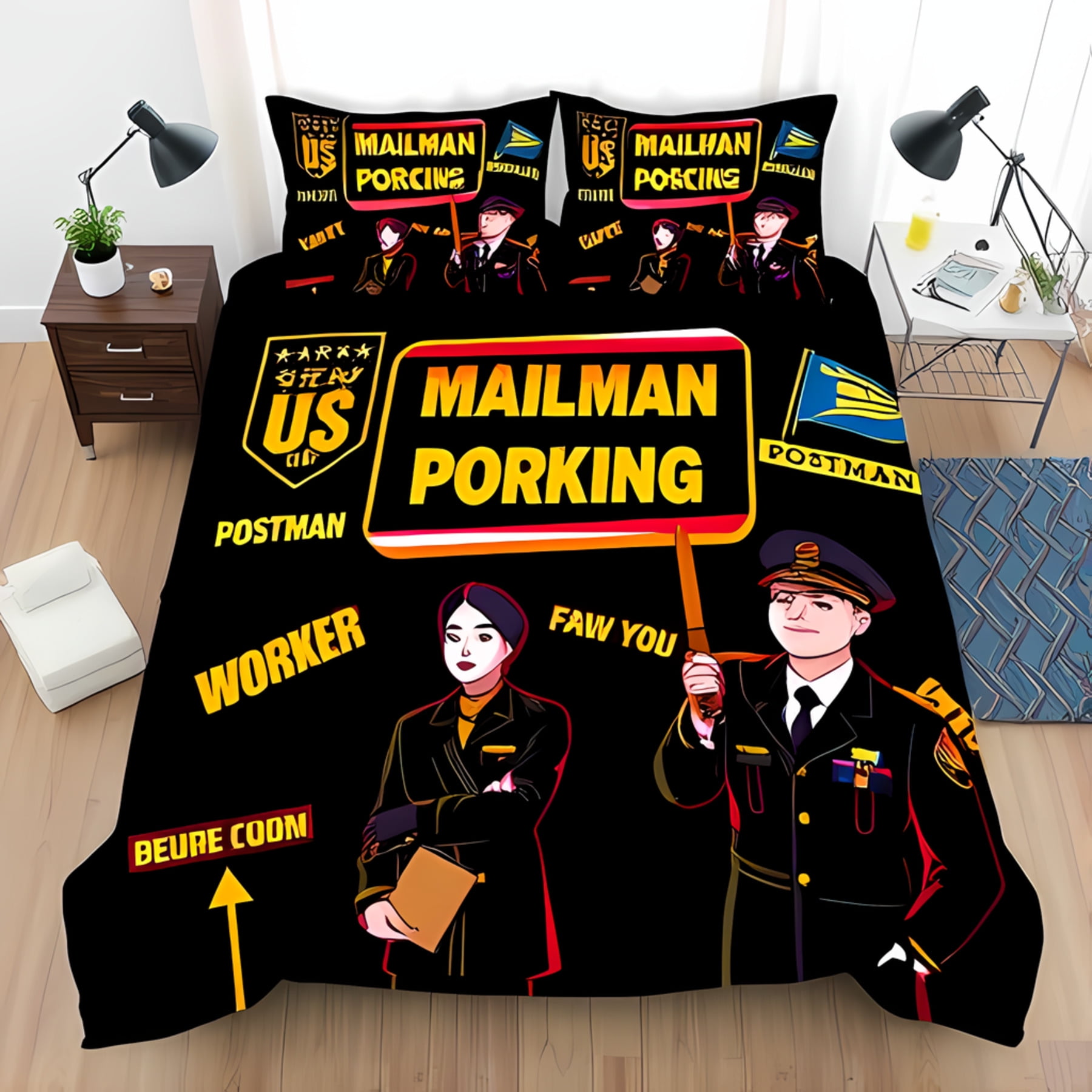 3-Piece Duvet Cover Set with Bold Postal Worker Graphics on Black ...
