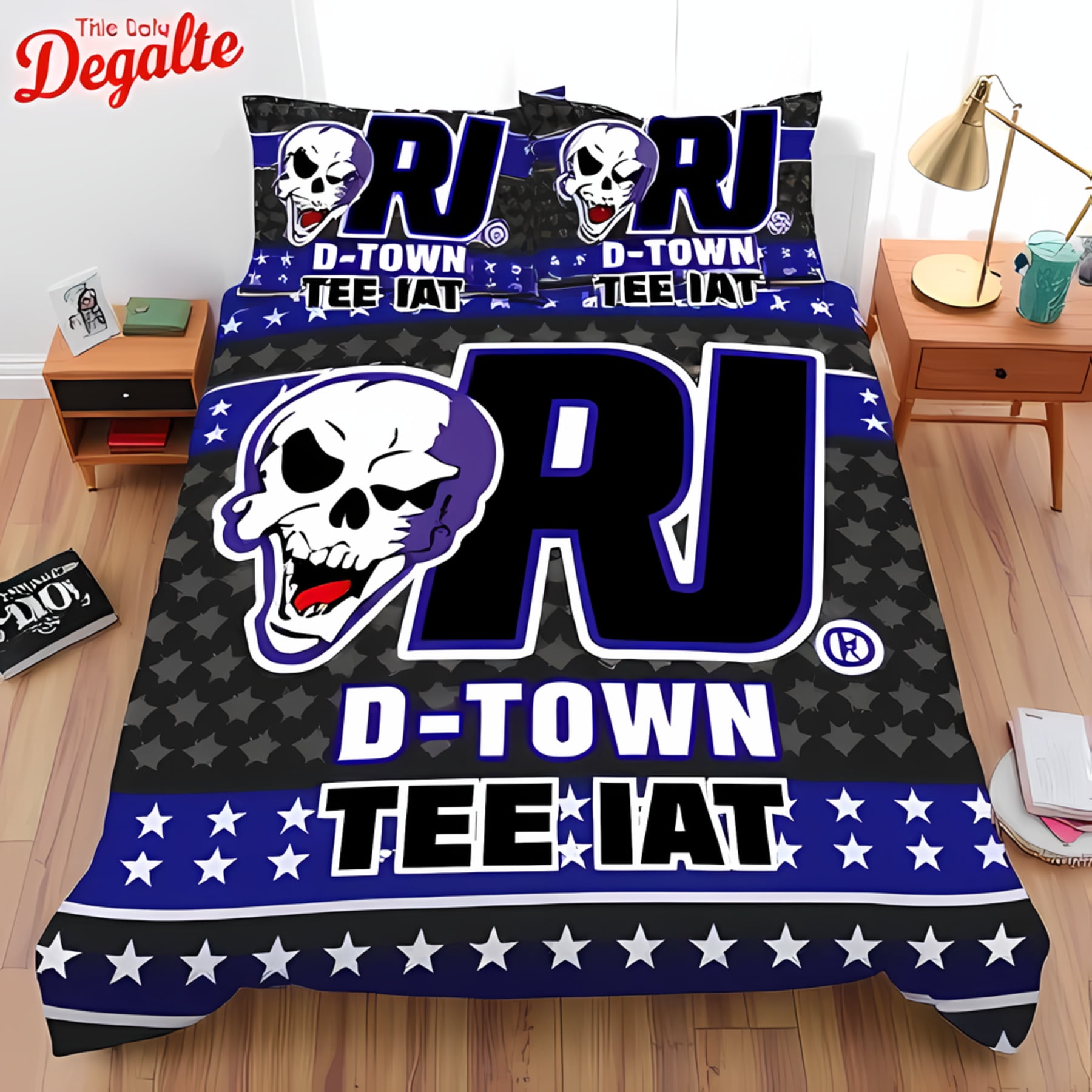 3-Piece Duvet Cover Set with Bold RJ D-Town & Tee IAT Text Black & Blue Star Pattern Edgy ...