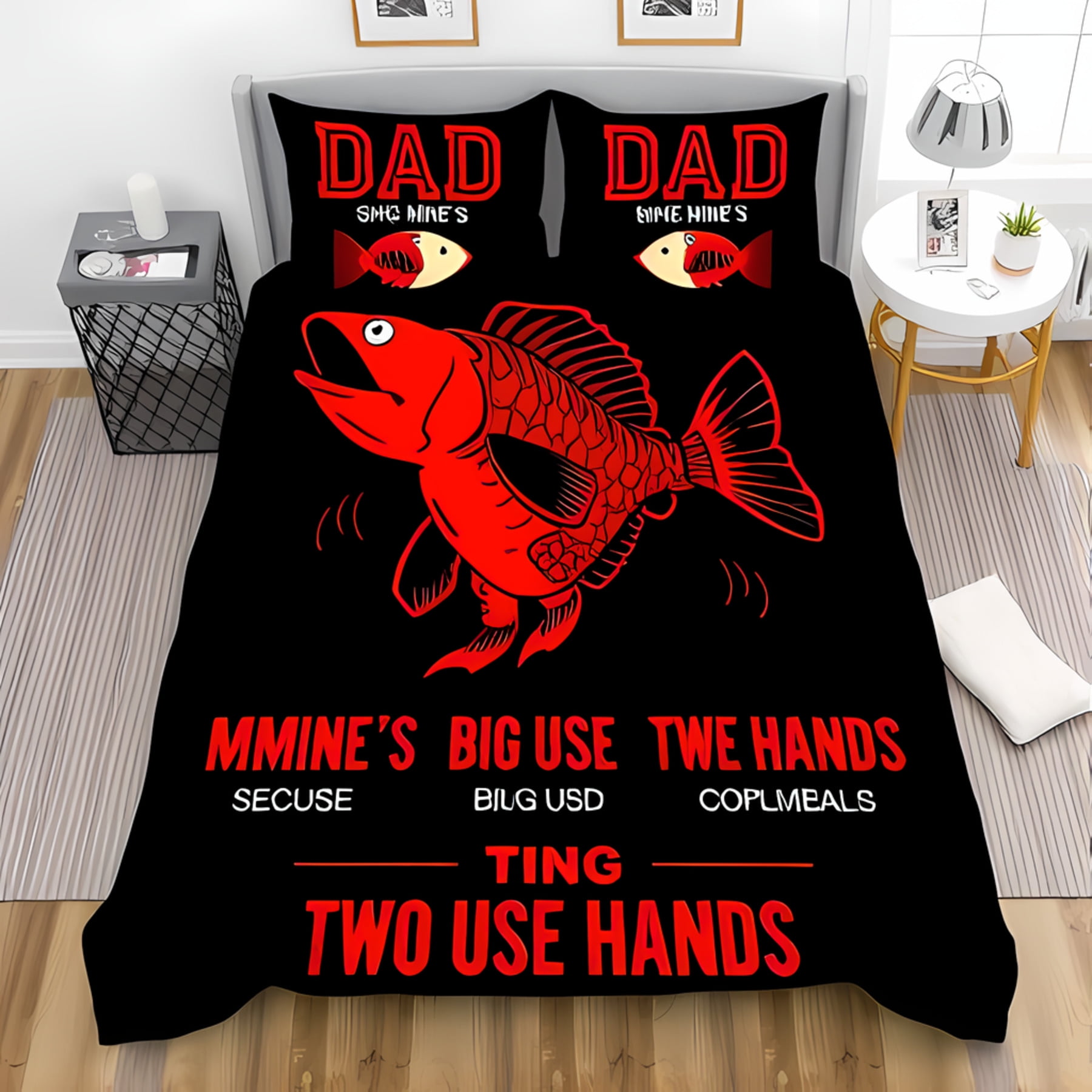 3-Piece Duvet Cover Set with Bold Red Fish Design on Black Background ...