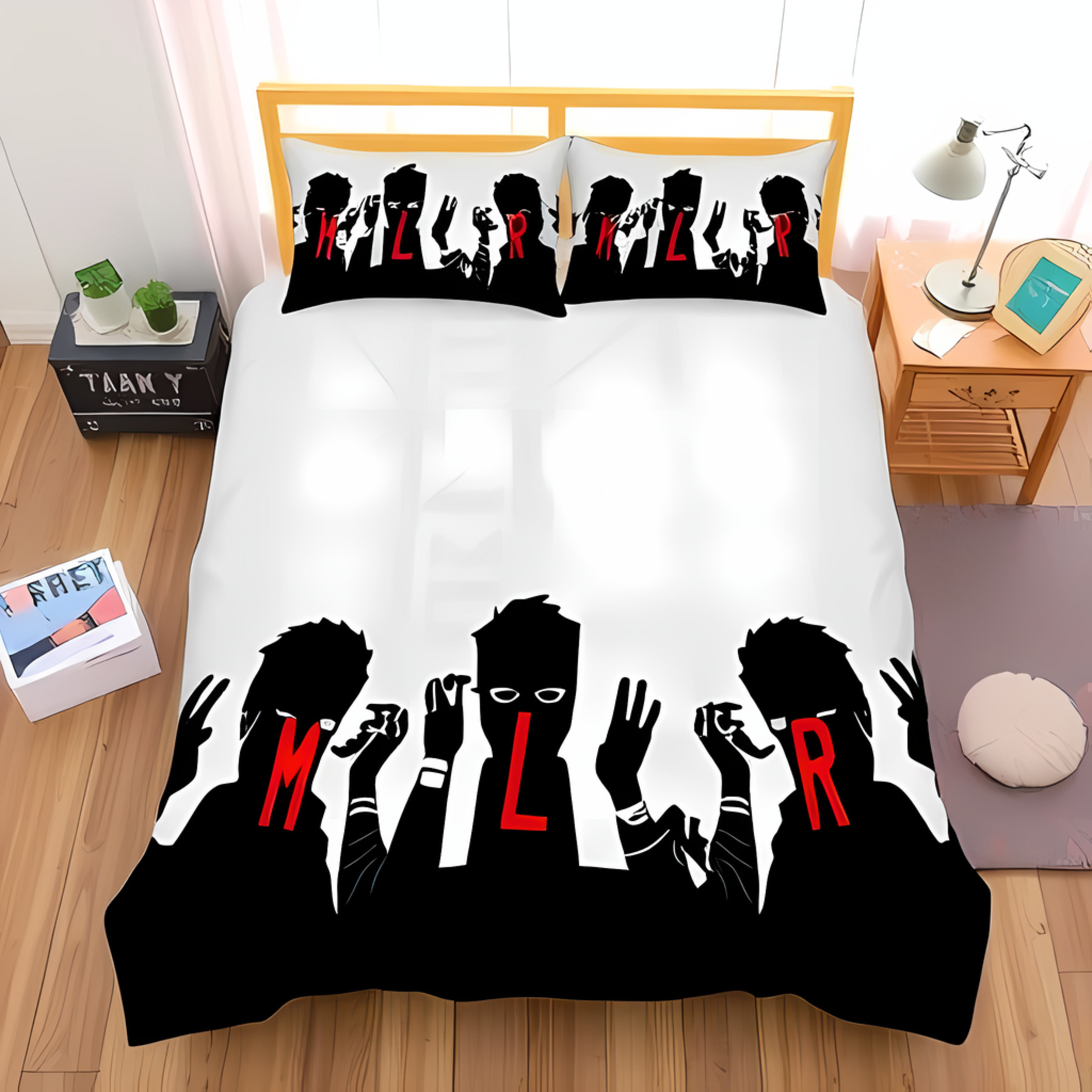 3-Piece Duvet Cover Set with Bold Red 'M LLR' Design Silhouettes on ...