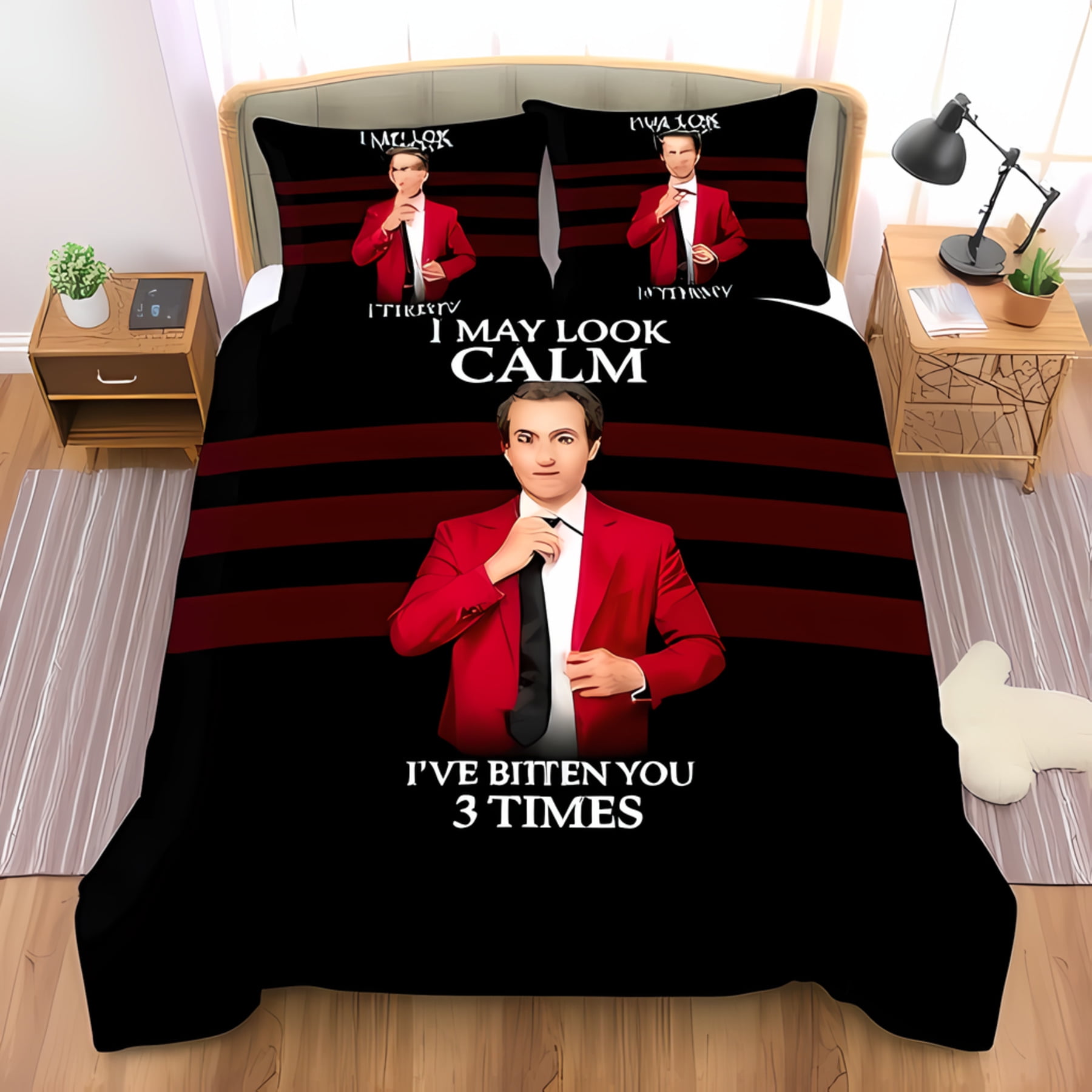 3-Piece Duvet Cover Set with Bold Red Stripes & Playful Humor Design ...