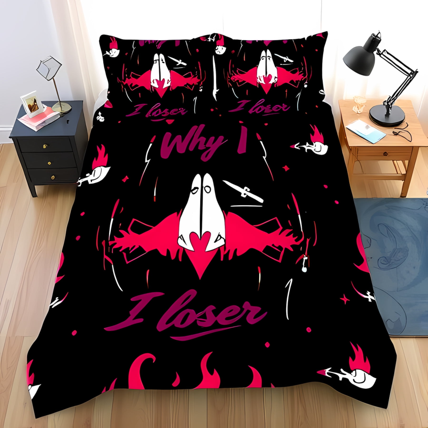 3-Piece Duvet Cover Set with Bold Rocket Heart Design Pink Flames & Fun ...