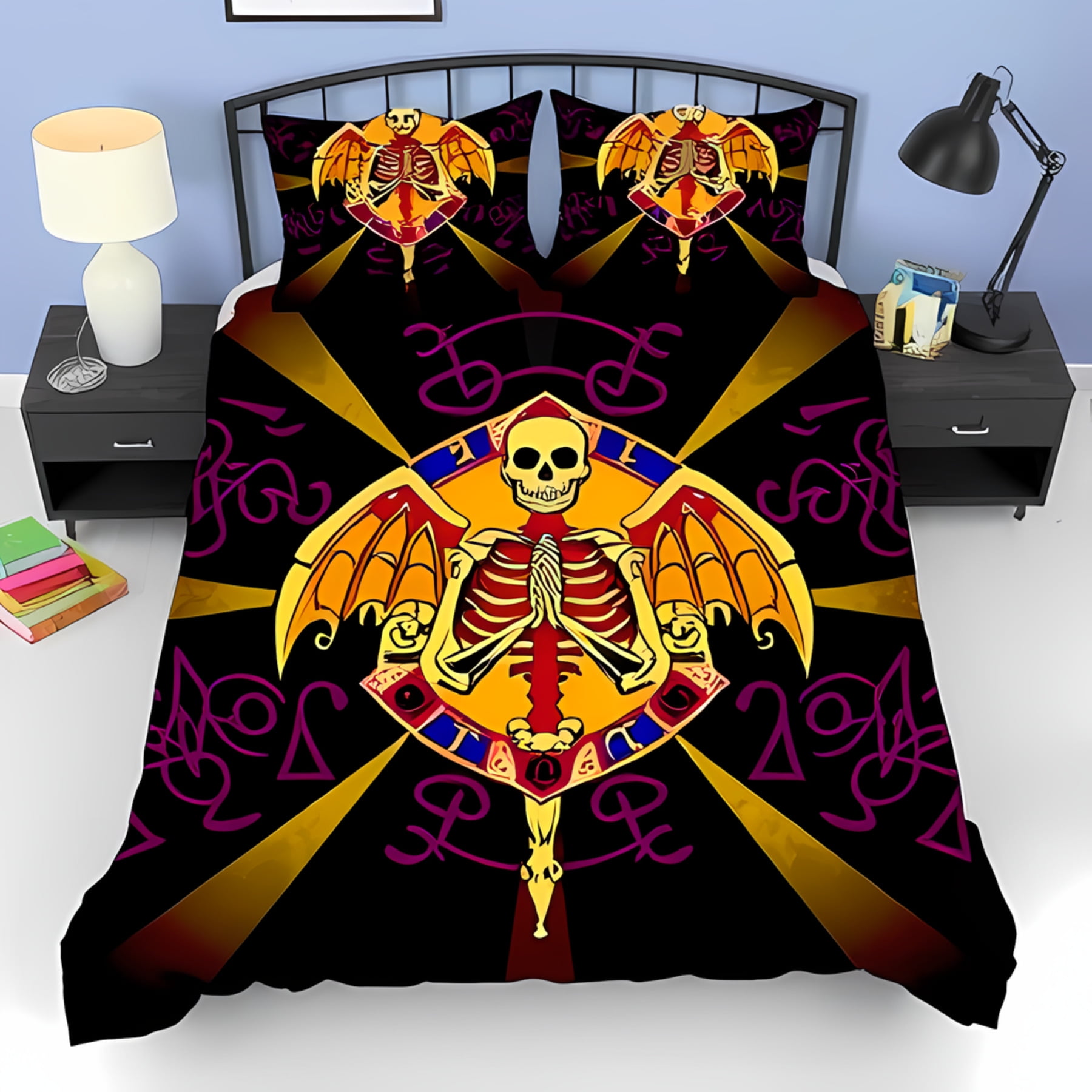 3-Piece Duvet Cover Set with Bold Skeleton and Winged Design Purple and ...