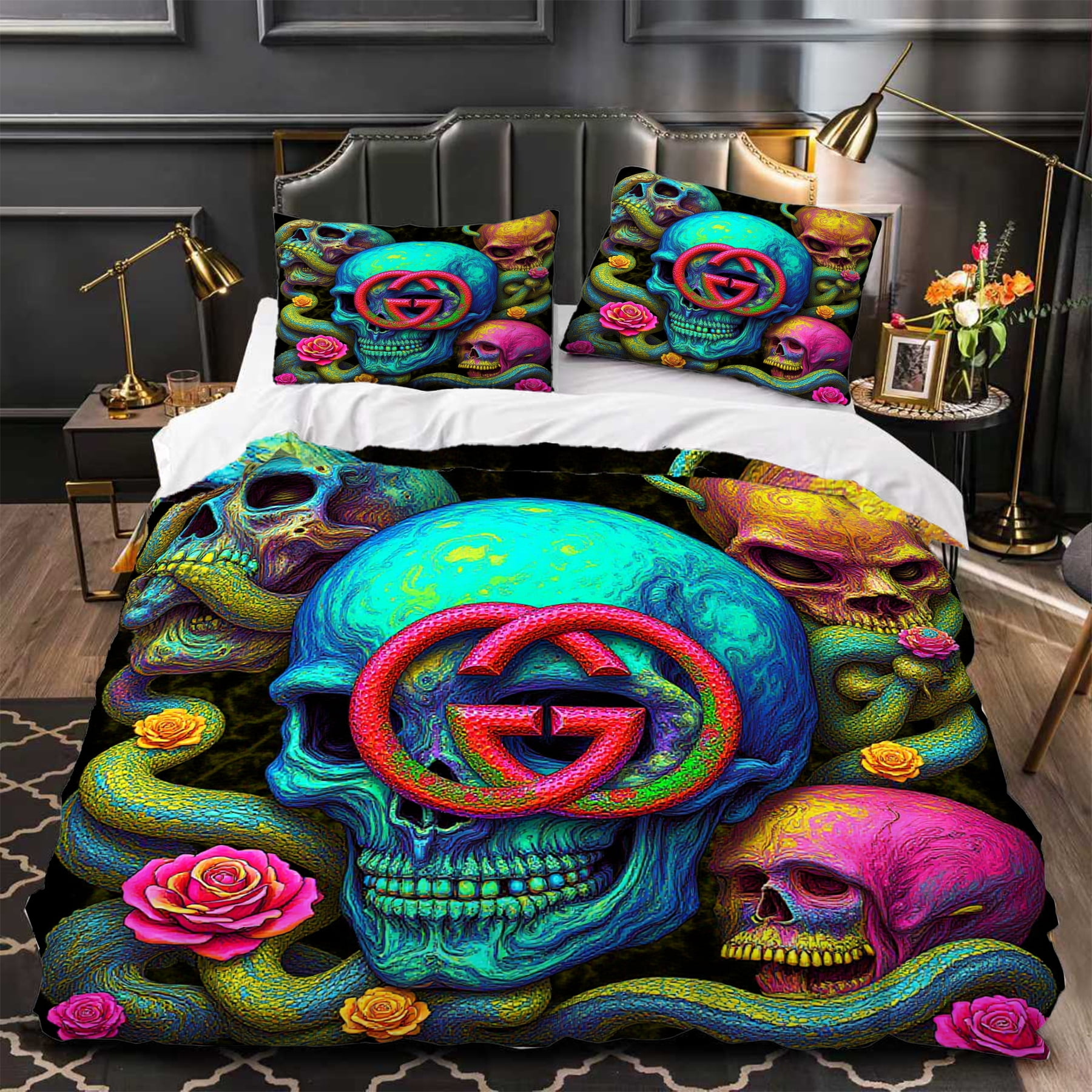 3-Piece Duvet Cover Set with Bold Skull & Intertwined ' G ' Logos ...