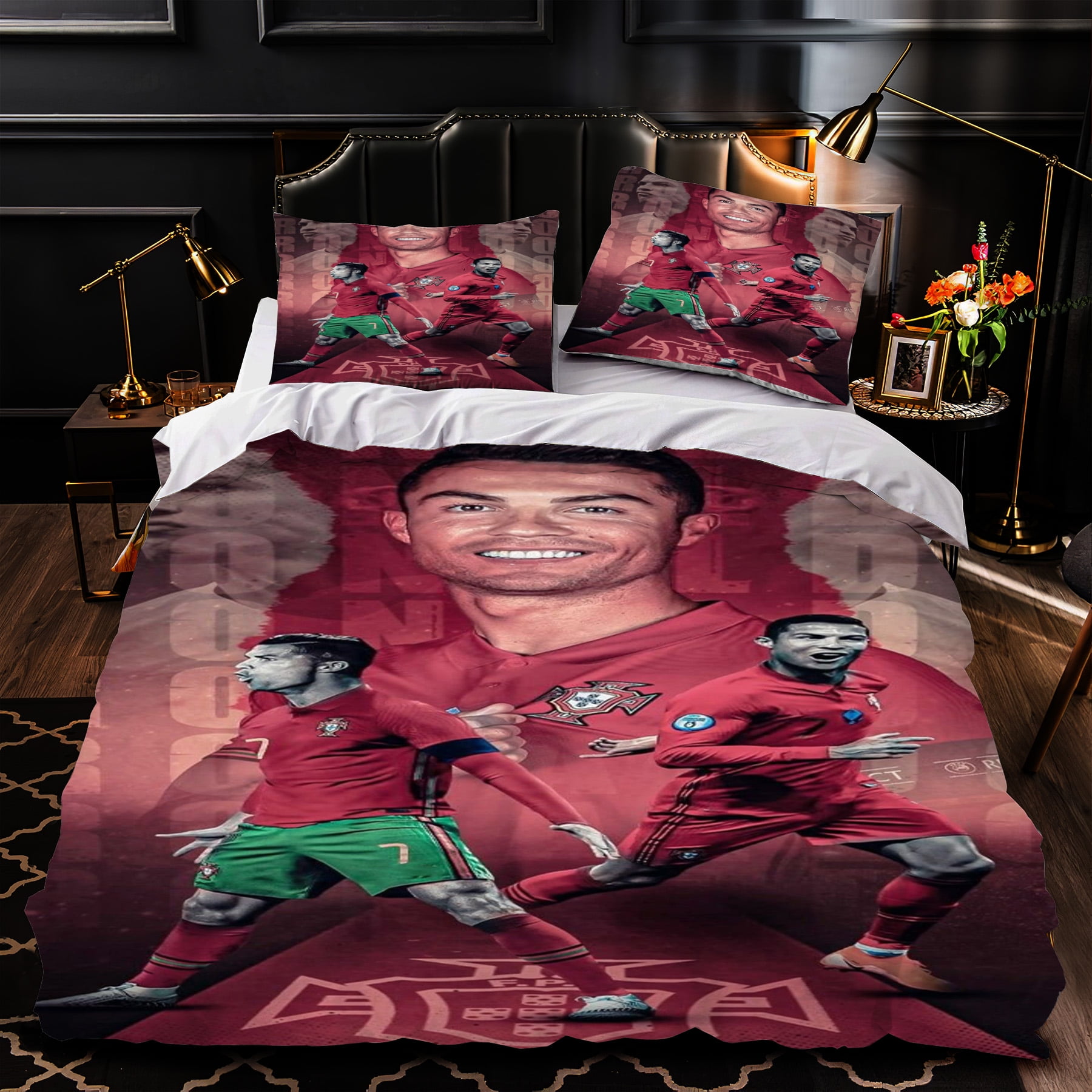 3-Piece Duvet Cover Set with Bold Soccer Player Design in Red and White ...