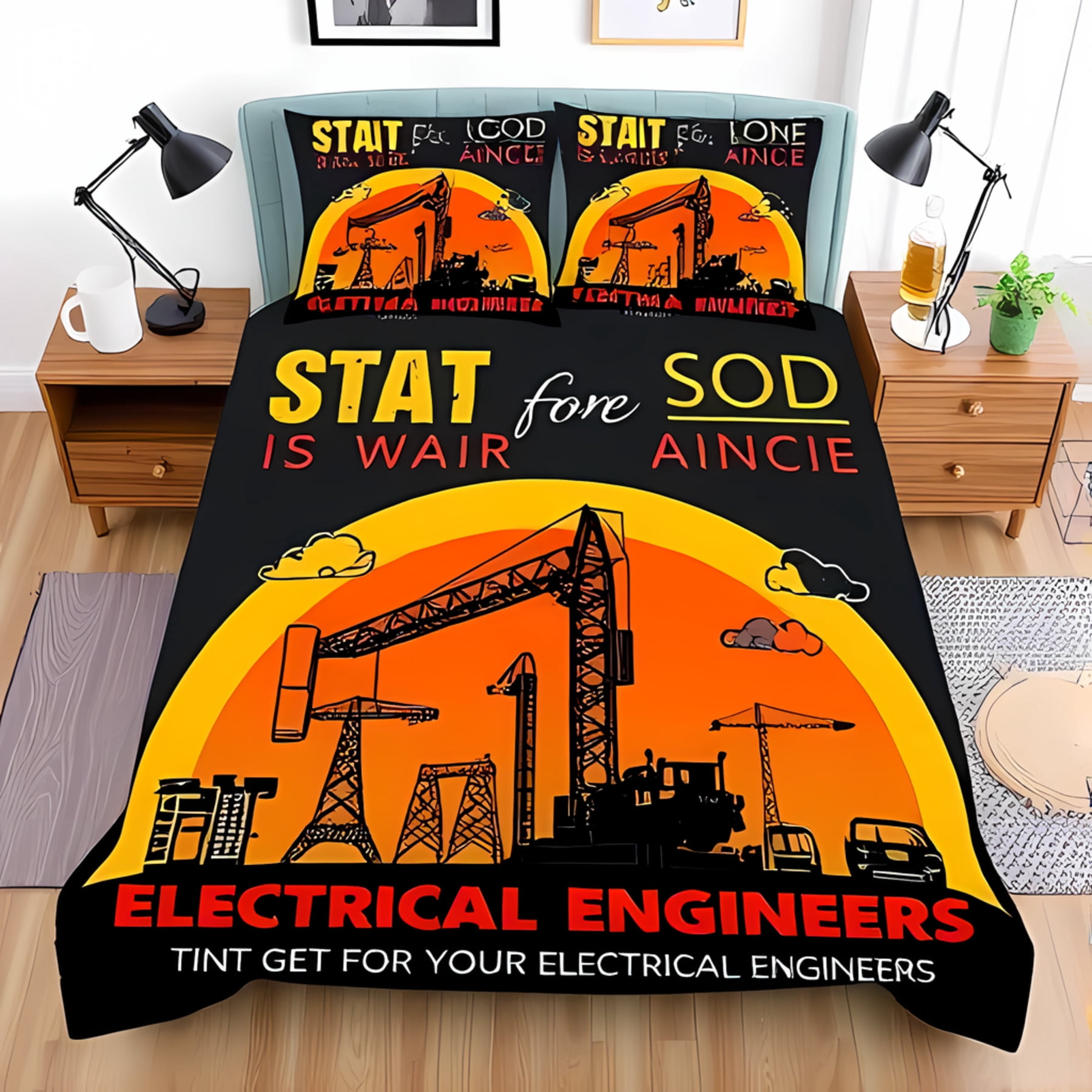 3-Piece Duvet Cover Set with Bold Sunset Design Industrial Cranes ...