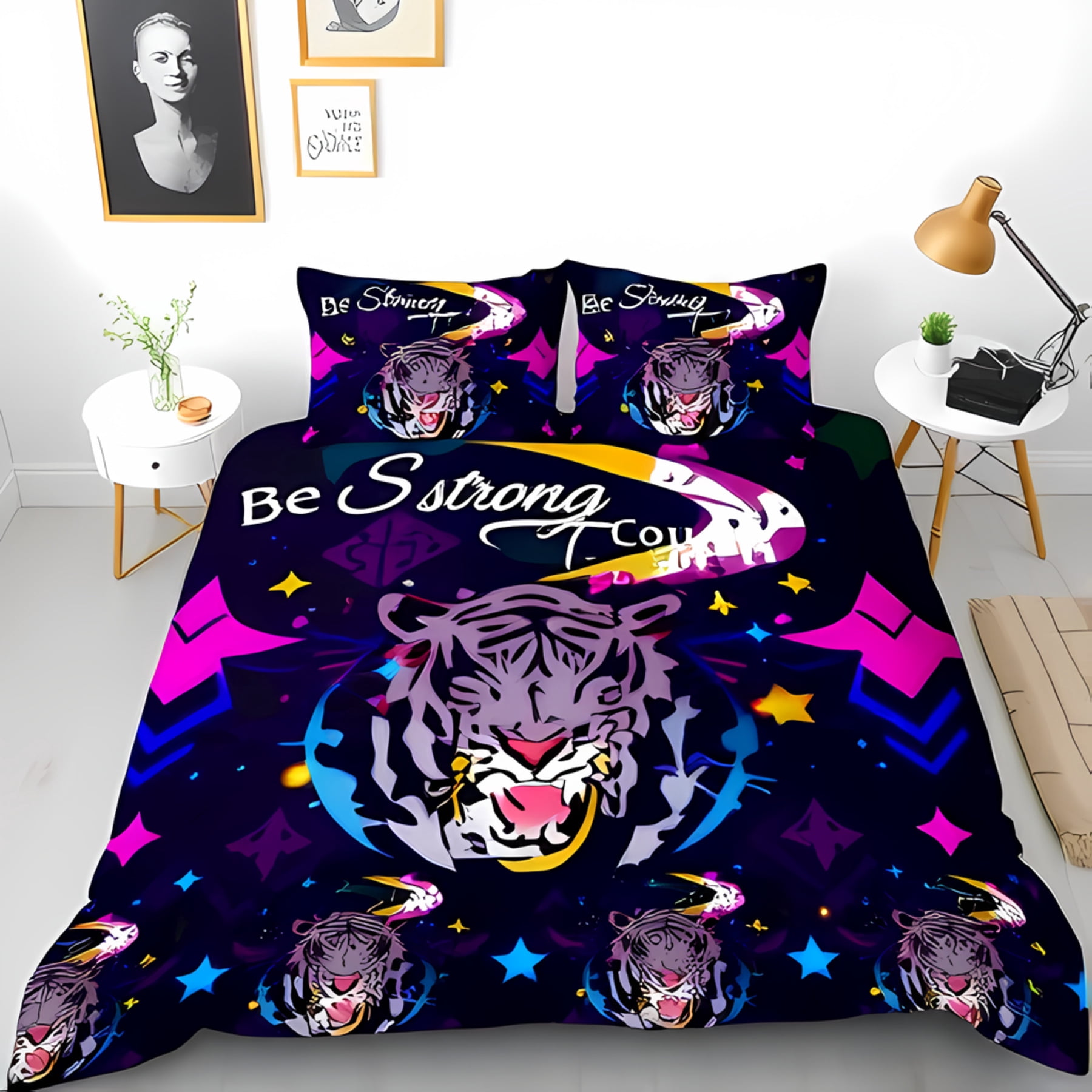 3-Piece Duvet Cover Set with Bold Tiger Face Design Colorful Stars ...