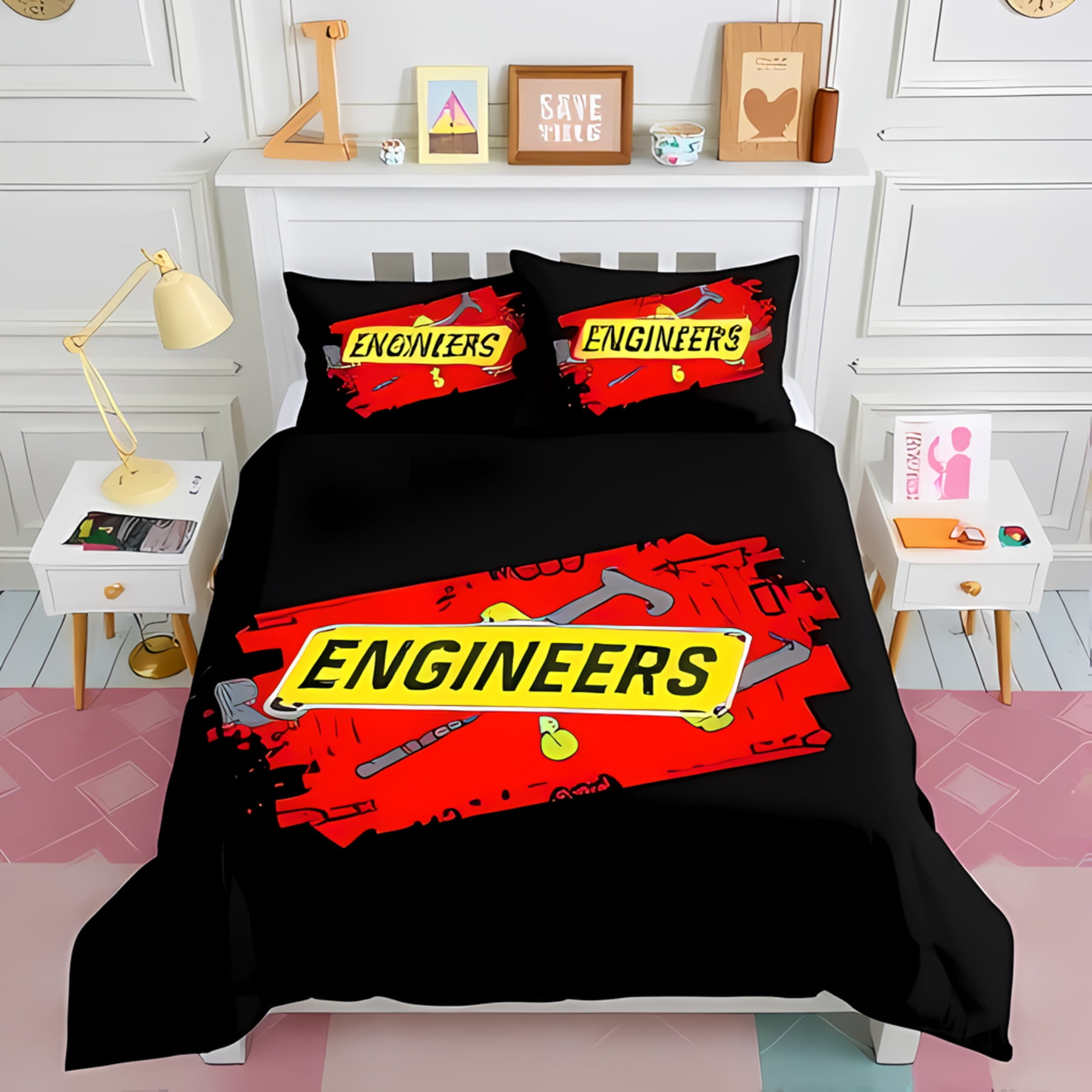 3-Piece Duvet Cover Set with Bold Wrench and Tool Design Black Bedding ...