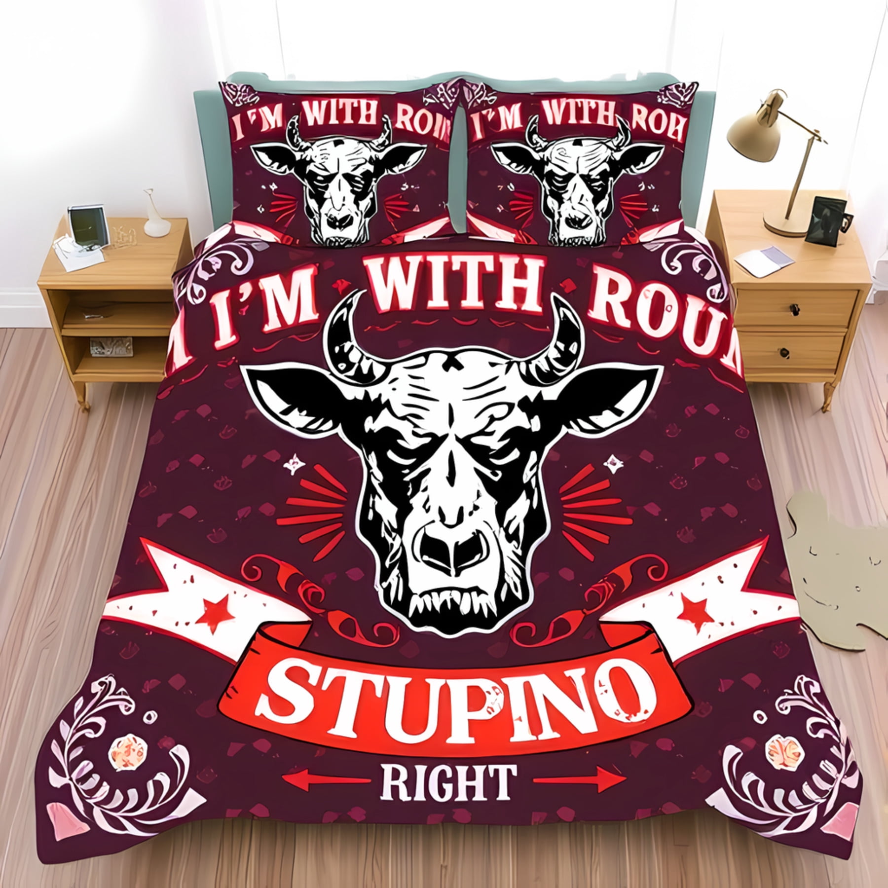 3-Piece Duvet Cover Set with Bold 's Head Illustration on Maroon ...