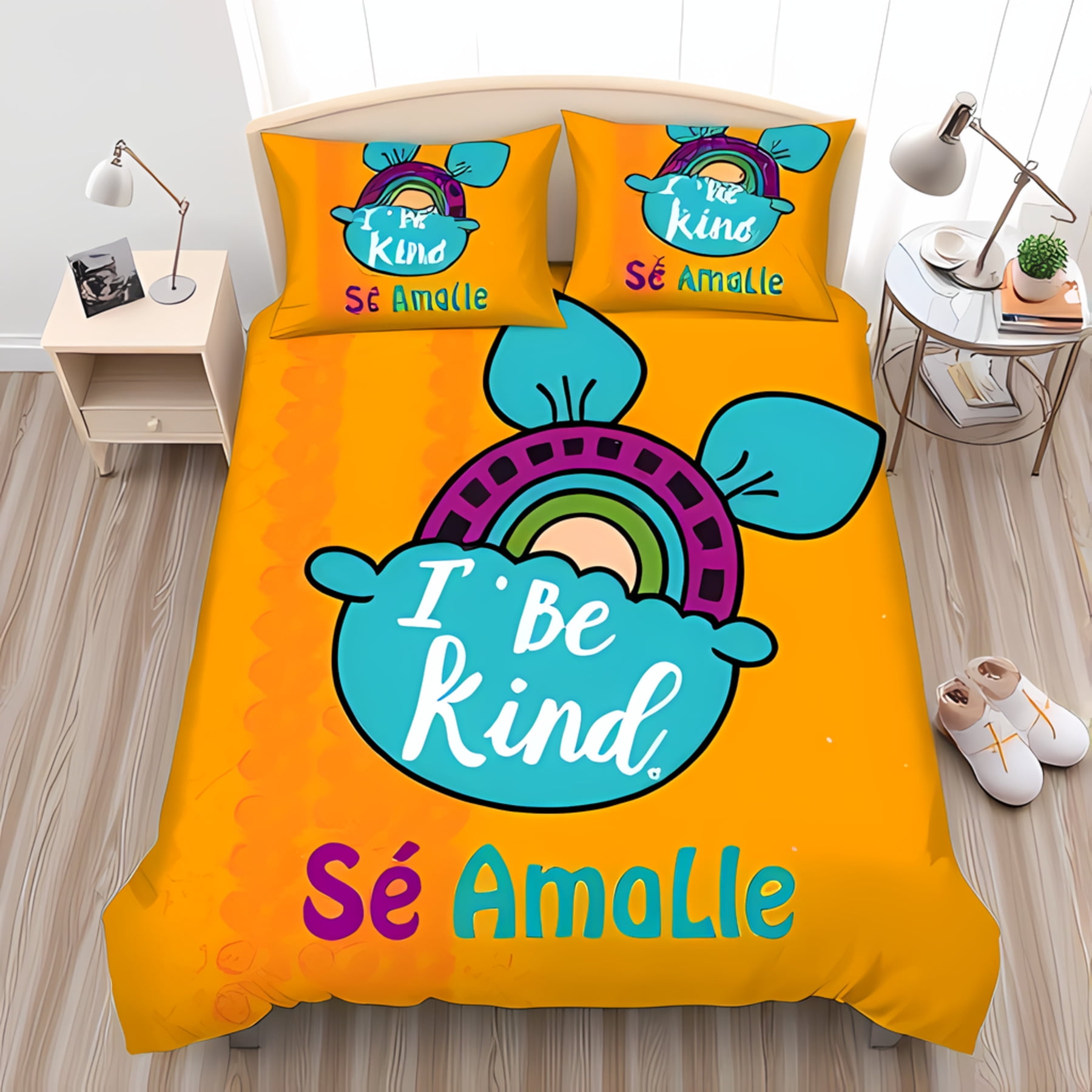 3-Piece Duvet Cover Set with Bright Orange Background Playful Character ...