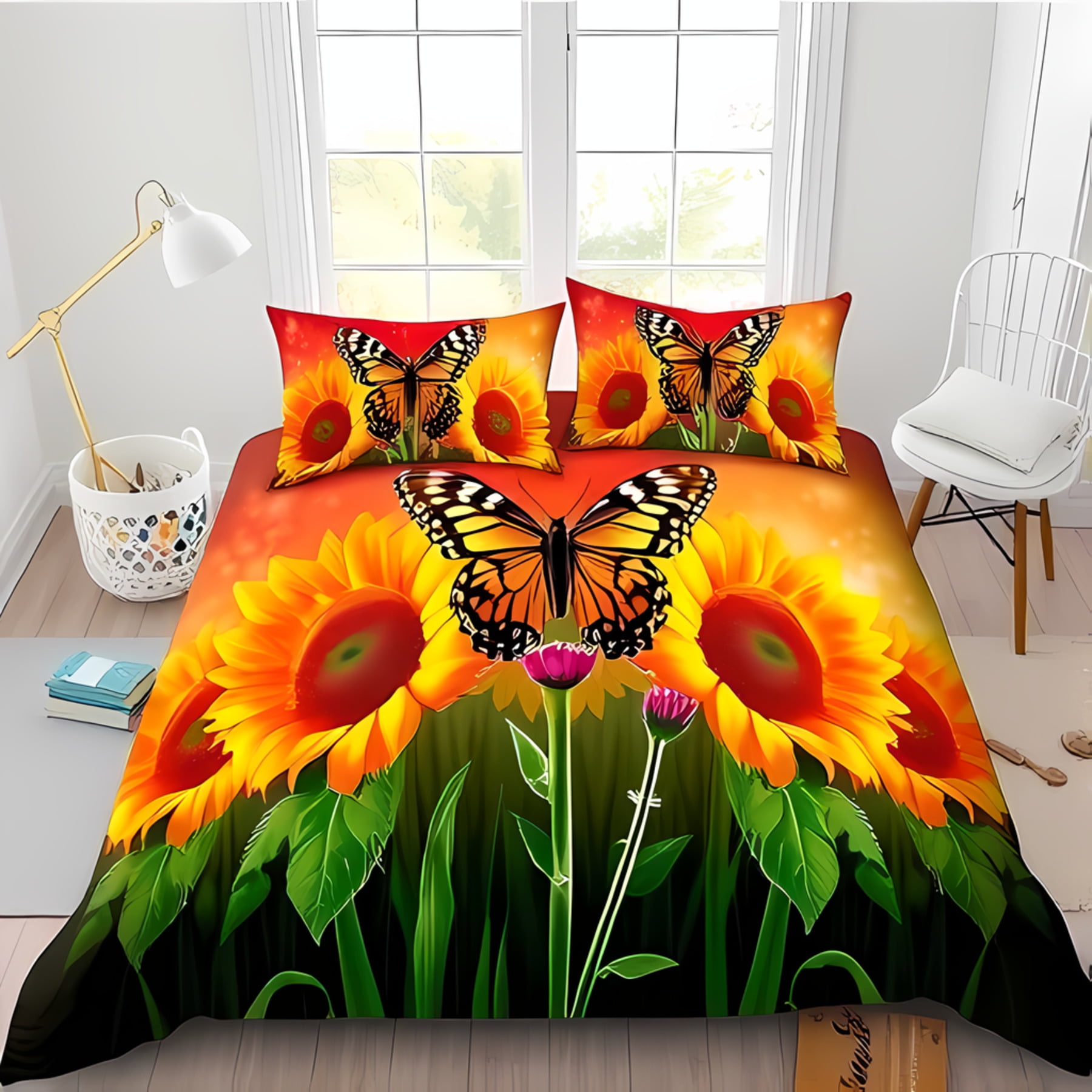 3-Piece Duvet Cover Set with Bright Yellow Sunflowers and Monarch ...