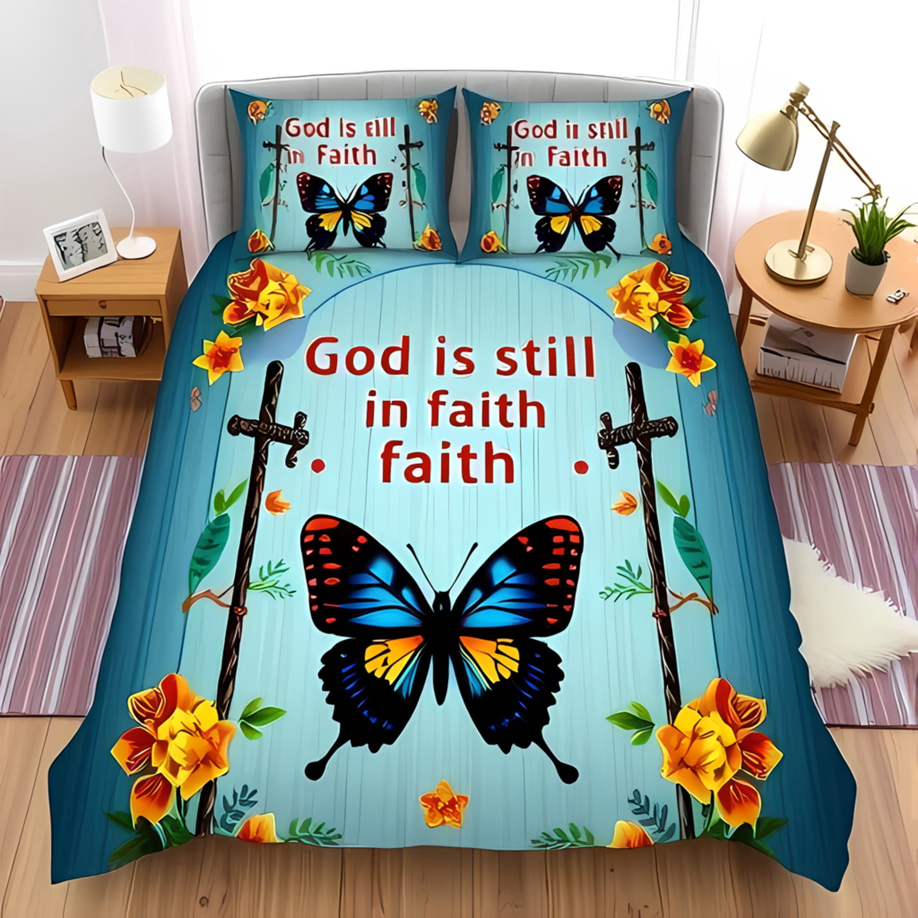 3-Piece Duvet Cover Set with Butterfly and Cross Design " God is Still ...
