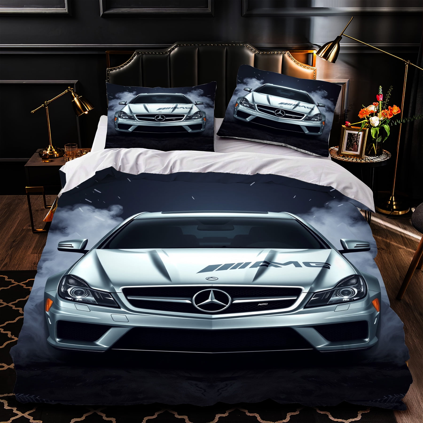 3-Piece Duvet Cover Set with Car Design Black Headboard Style Modern ...