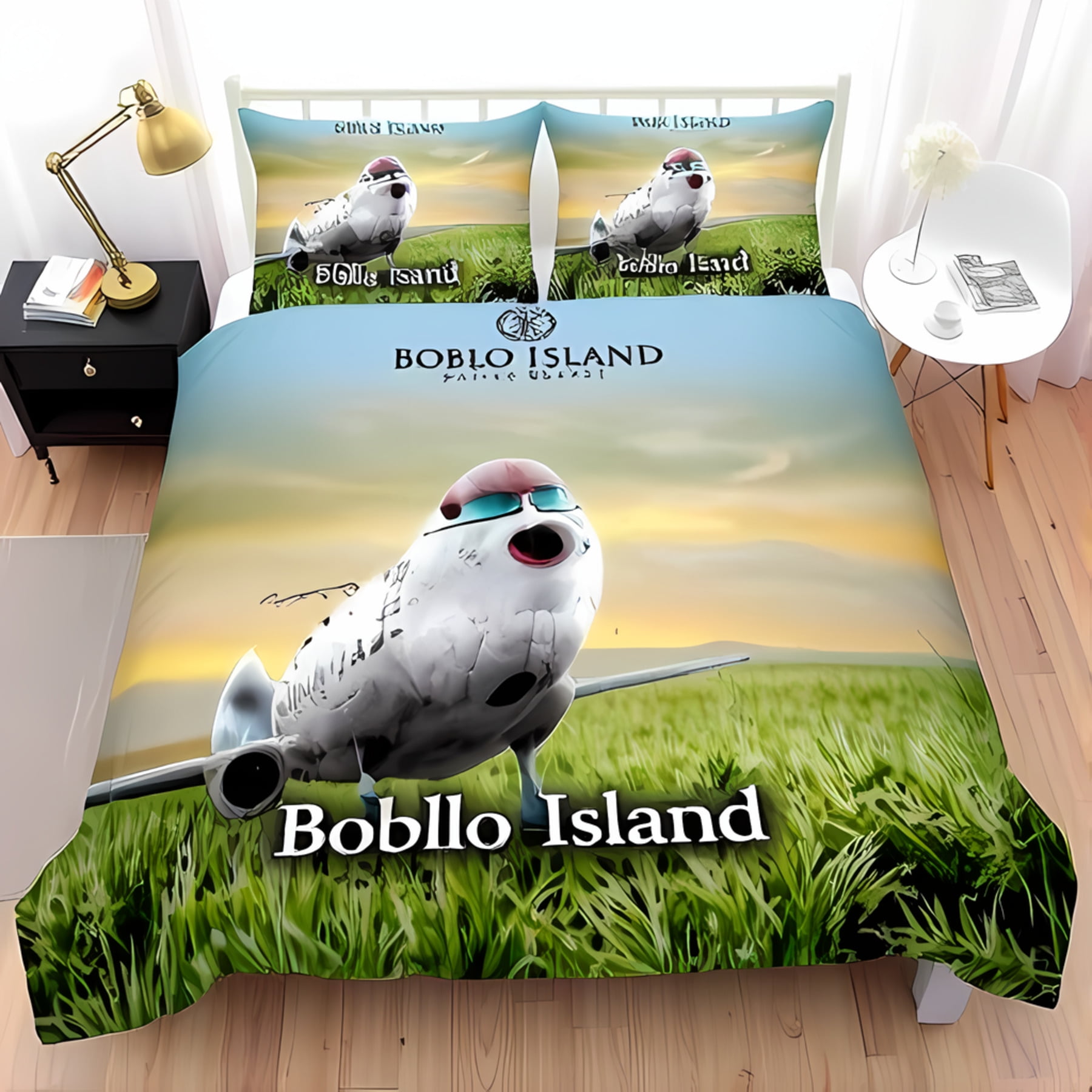 3-Piece Duvet Cover Set with Cartoon Airplane Design 'Boblo Island Patina Beach' Theme Sunset ...