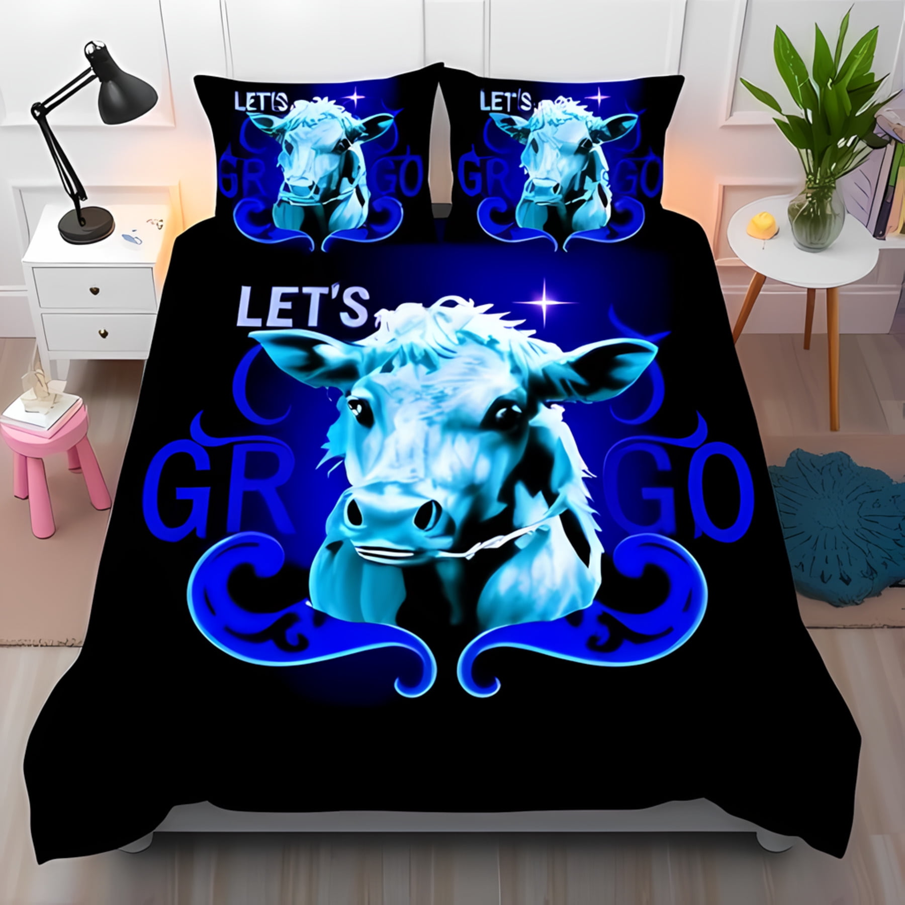 3-Piece Duvet Cover Set with Cartoon Blue Cow Design Whimsical 'LET'S ...