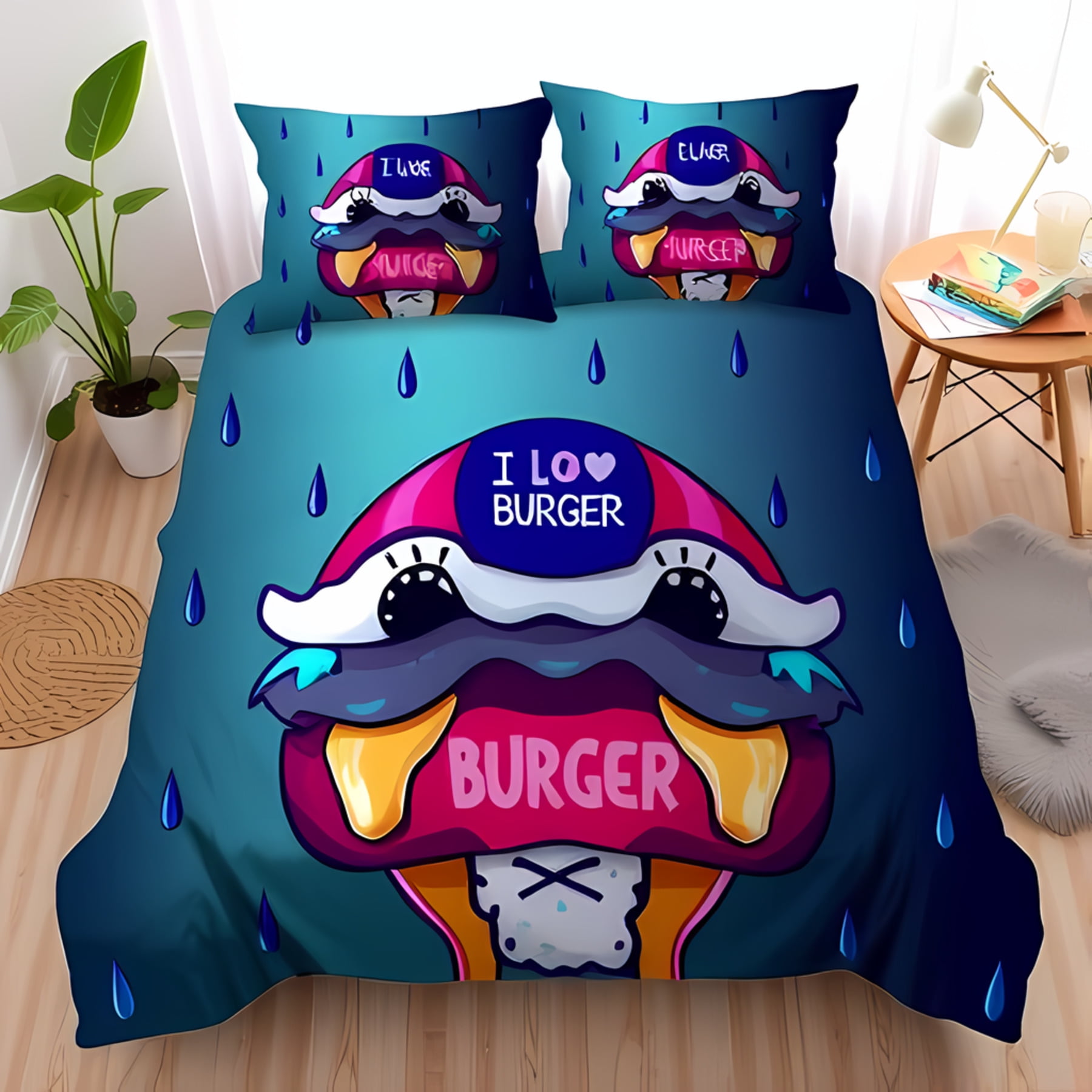 3-Piece Duvet Cover Set with Cartoon Burger Character Design Blue ...