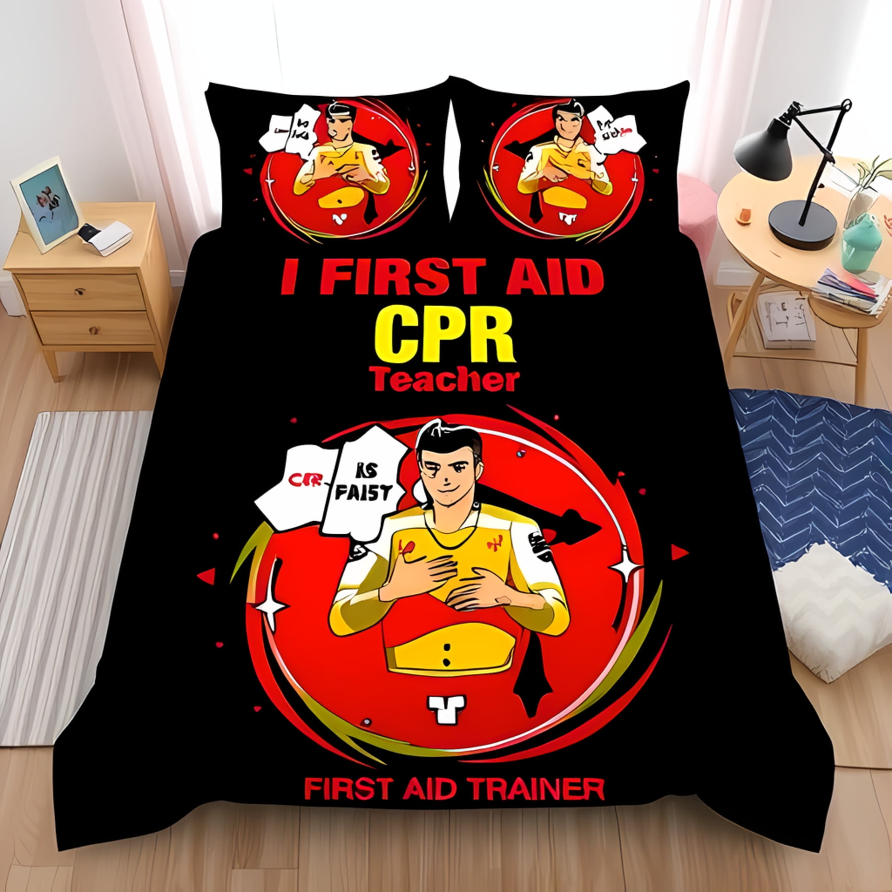3-Piece Duvet Cover Set with Cartoon CPR Instructor Design Bold Black ...