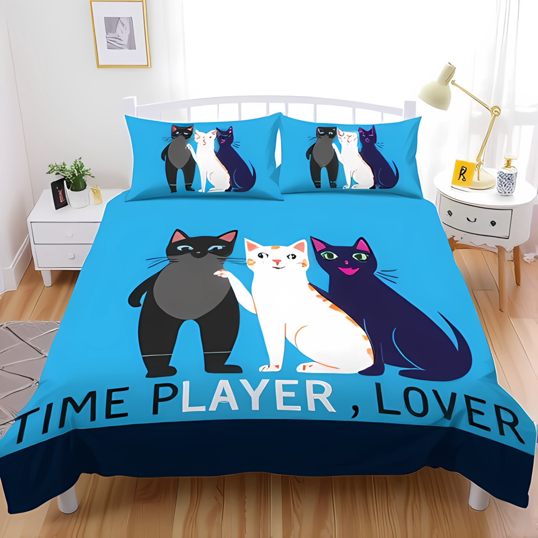 3-Piece Duvet Cover Set with Cartoon Cats Design - Blue Bedspread ...