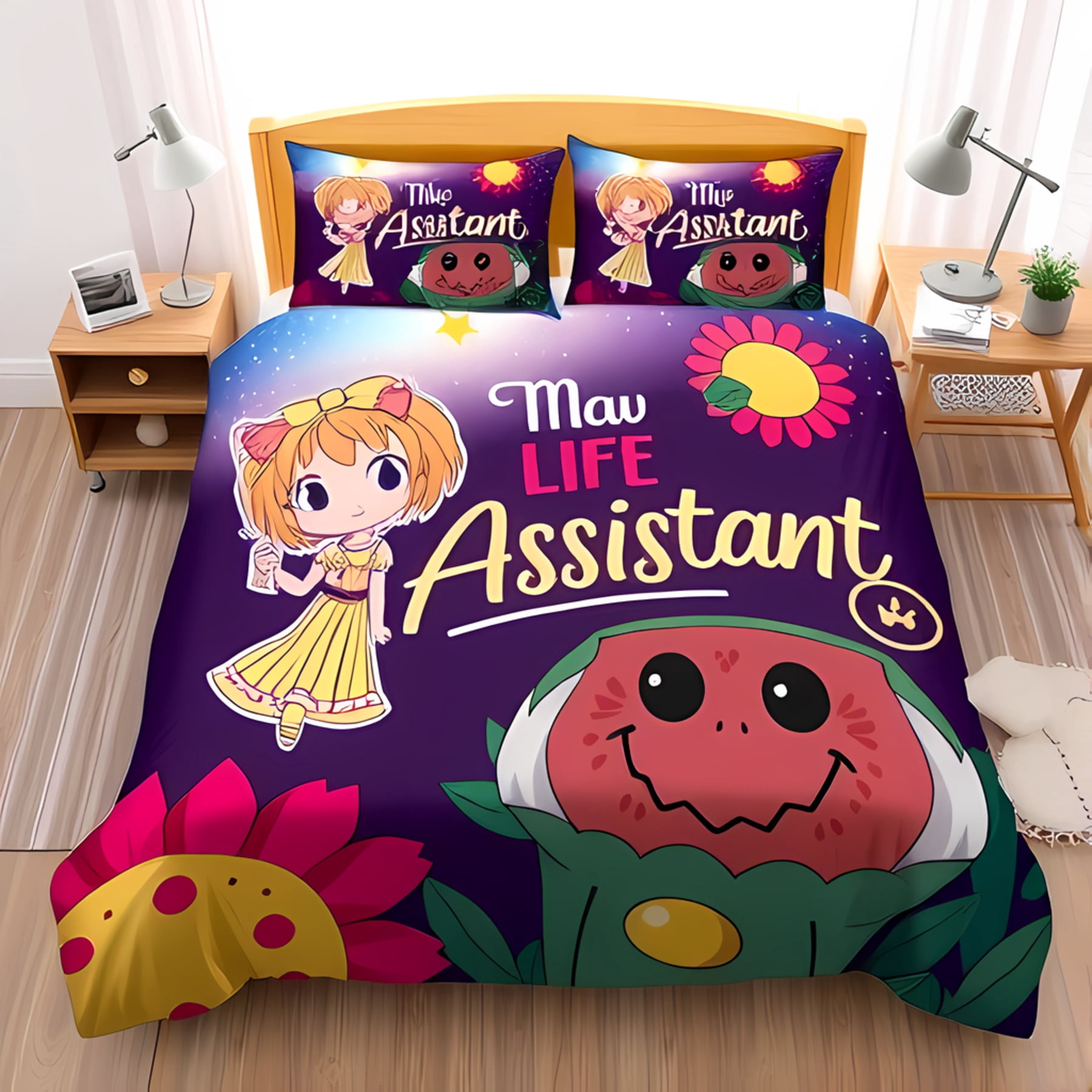 3-Piece Duvet Cover Set with Cartoon Character & Vibrant Floral Design ...