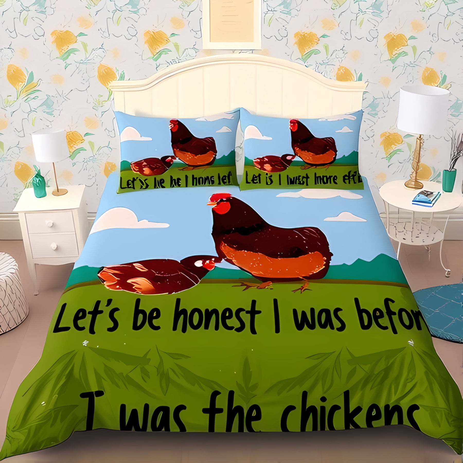 3-Piece Duvet Cover Set with Cartoon Chickens on Grassy Field Blue Sky ...