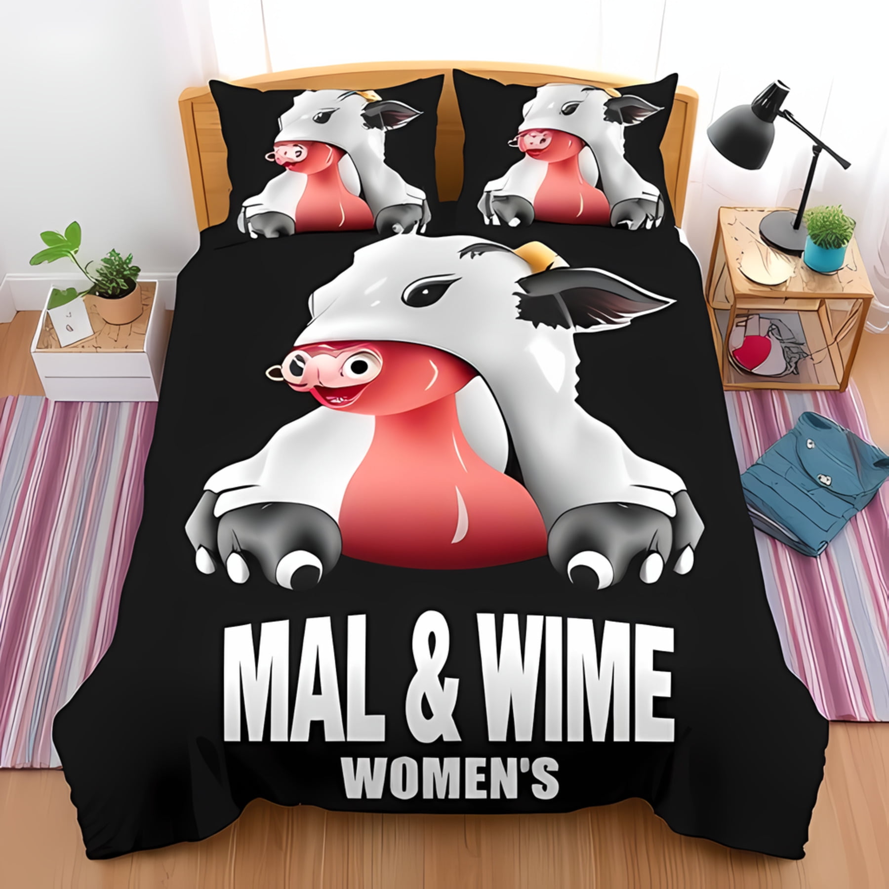 3-Piece Duvet Cover Set with Cartoon Cow Design - Black Bedding with ...
