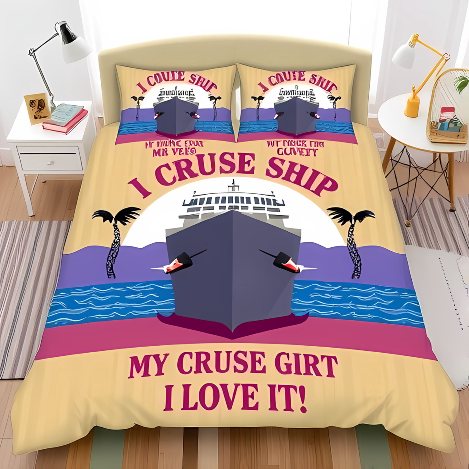 3-Piece Duvet Cover Set with Cartoon Cruise Ship Trees & Sunset Design ...