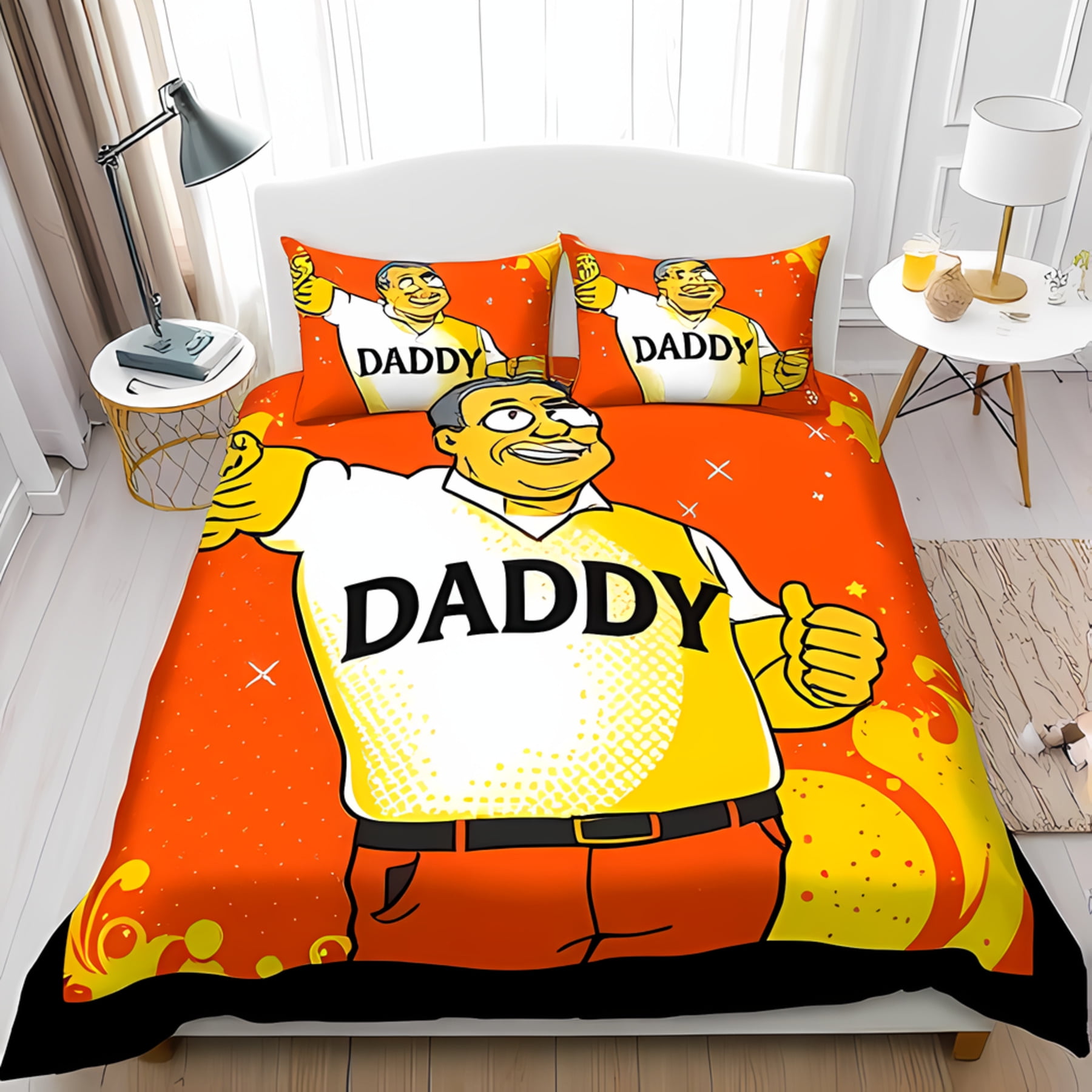 3-Piece Duvet Cover Set with Cartoon DADDY Character Design on Bright Orange Background Fun ...