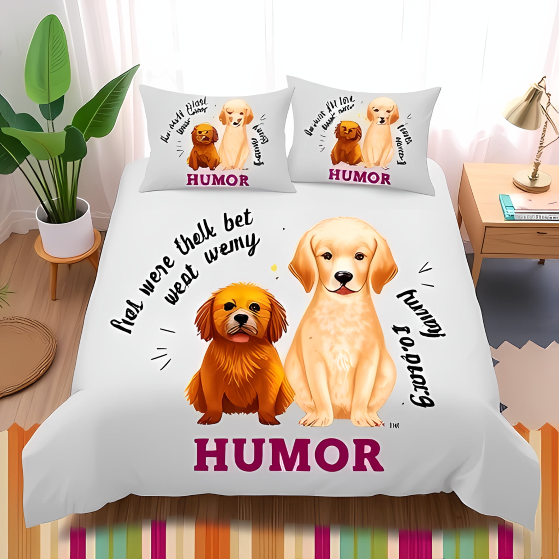 3-Piece Duvet Cover Set with Cartoon Dogs Design - White Comforter with ...