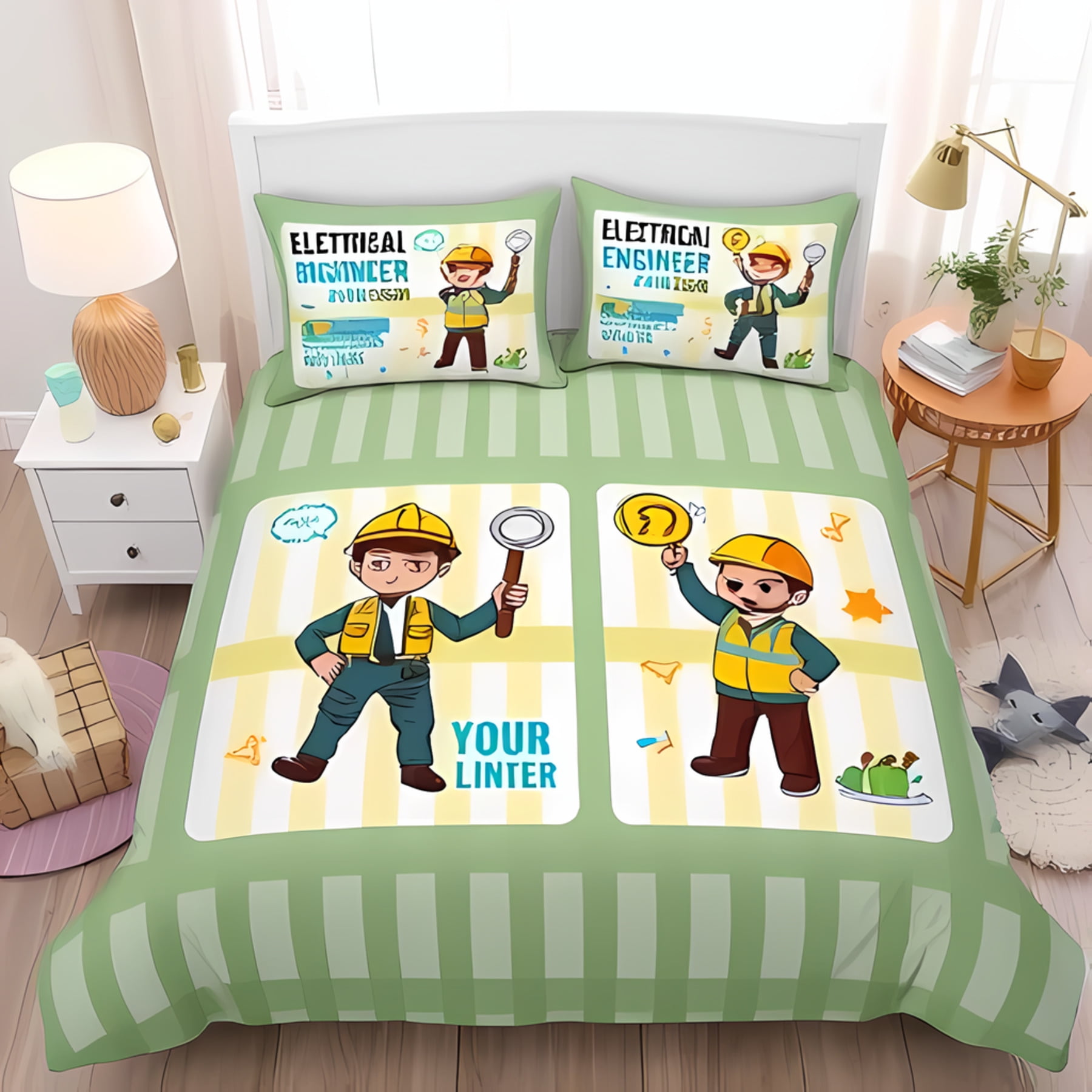 3-Piece Duvet Cover Set with Cartoon Electrical Engineer Design - Fun ...