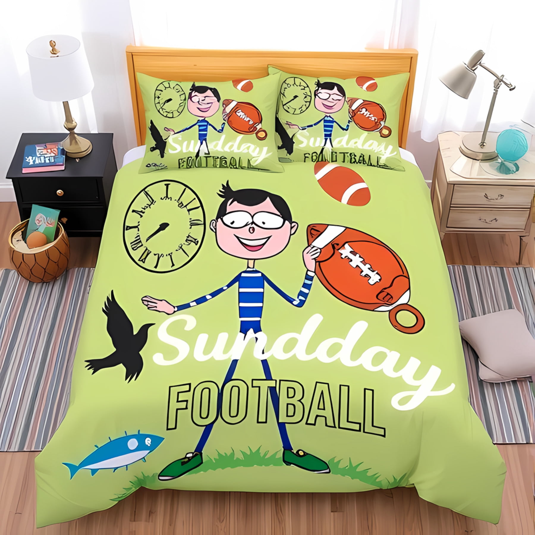 3-Piece Duvet Cover Set with Cartoon Football Character Green Comforter ...
