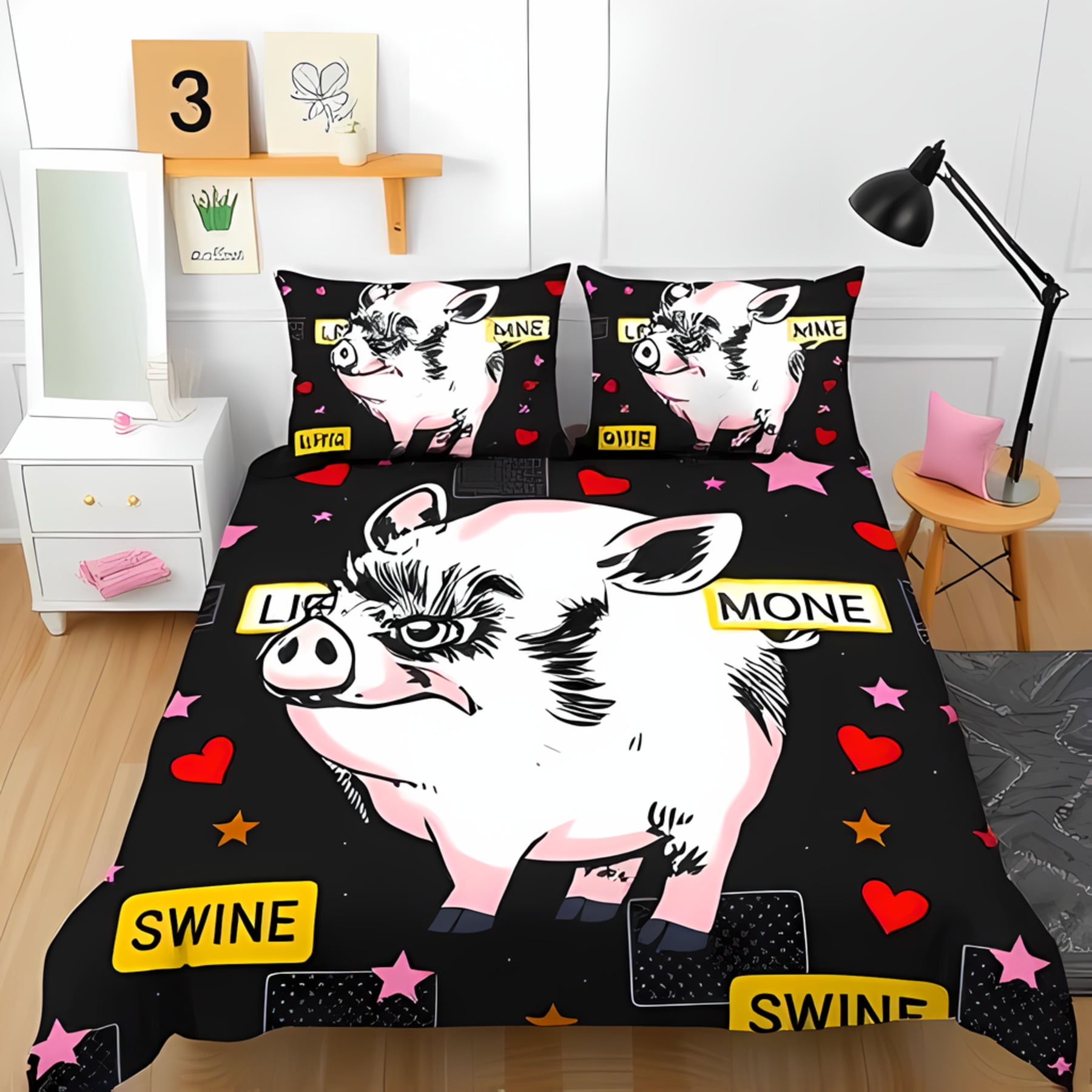3-Piece Duvet Cover Set with Cartoon Pigs Pink Hearts & Stars - Fun ...