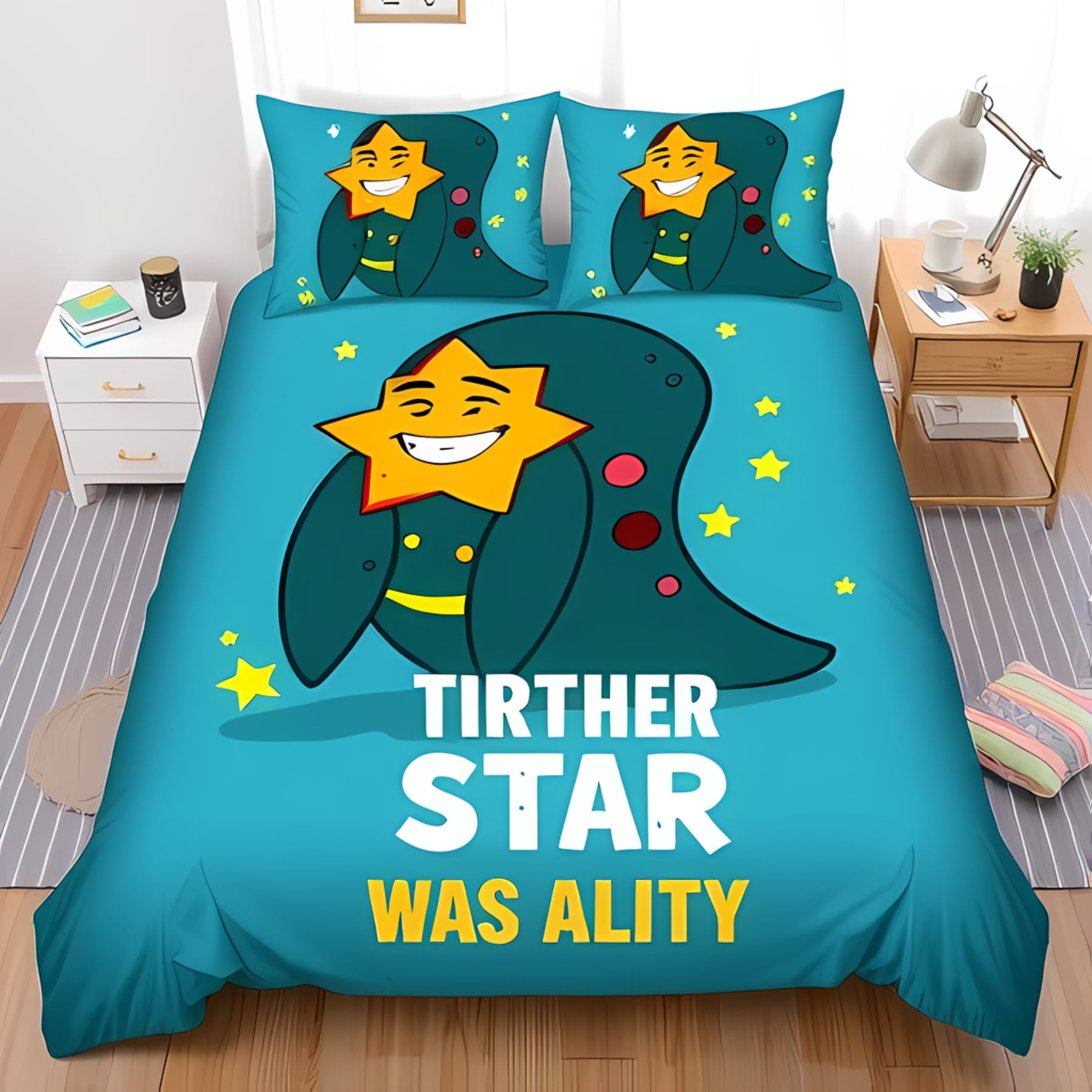 3-Piece Duvet Cover Set with Cartoon Star Character in Green Spacesuit ...