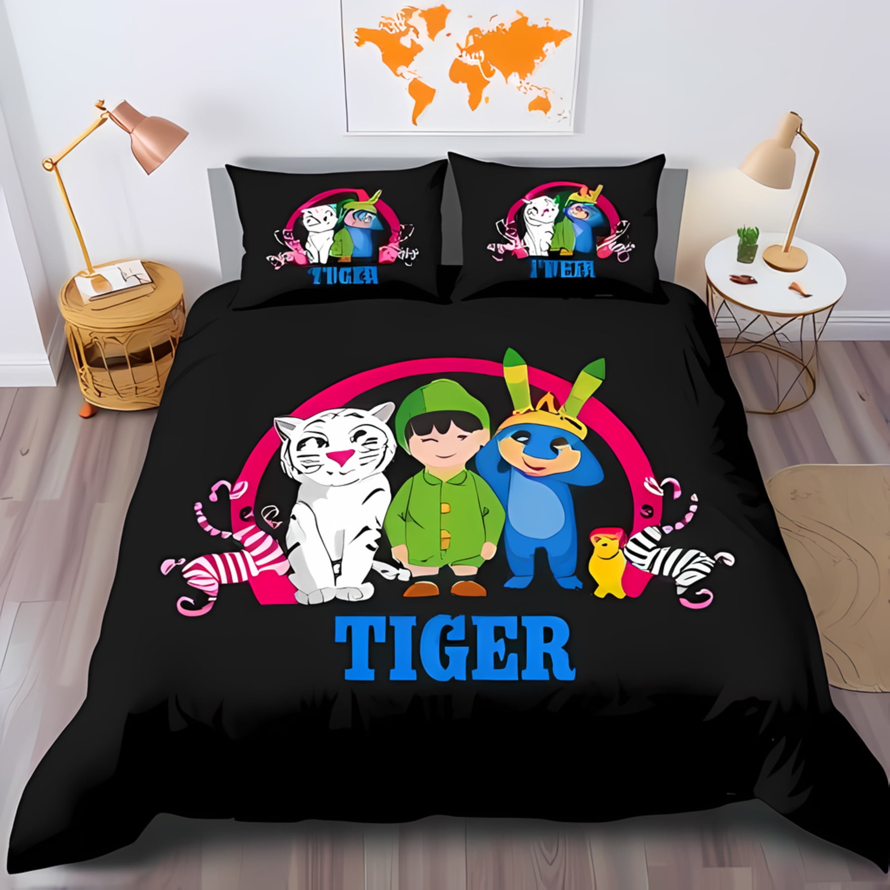 3-Piece Duvet Cover Set with Cartoon Tiger and Colorful Characters Blue ...