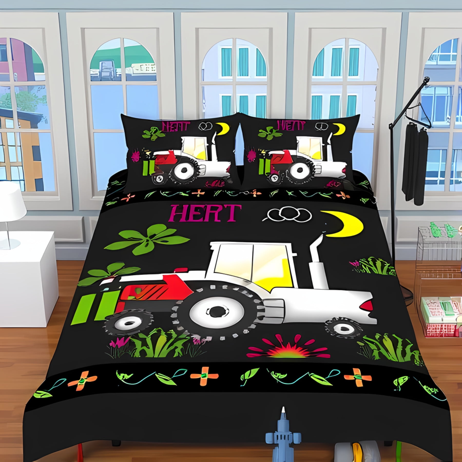 3-Piece Duvet Cover Set with Cartoon Tractor Design and Floral Graphics ...