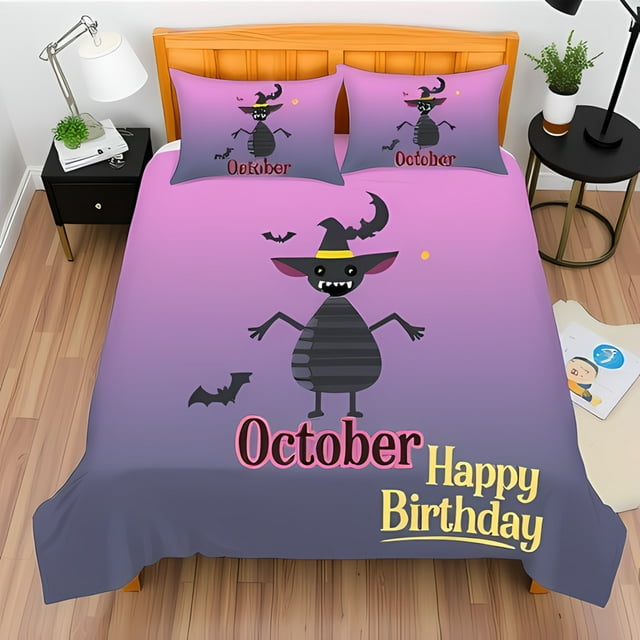 3-Piece Duvet Cover Set with Cartoon Witch Character Purple & Pink ...