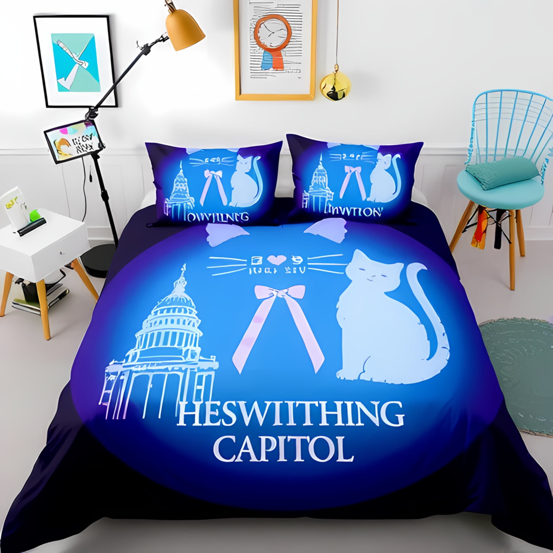 3-Piece Duvet Cover Set with Cat & Capitol Building Design in Blue ...
