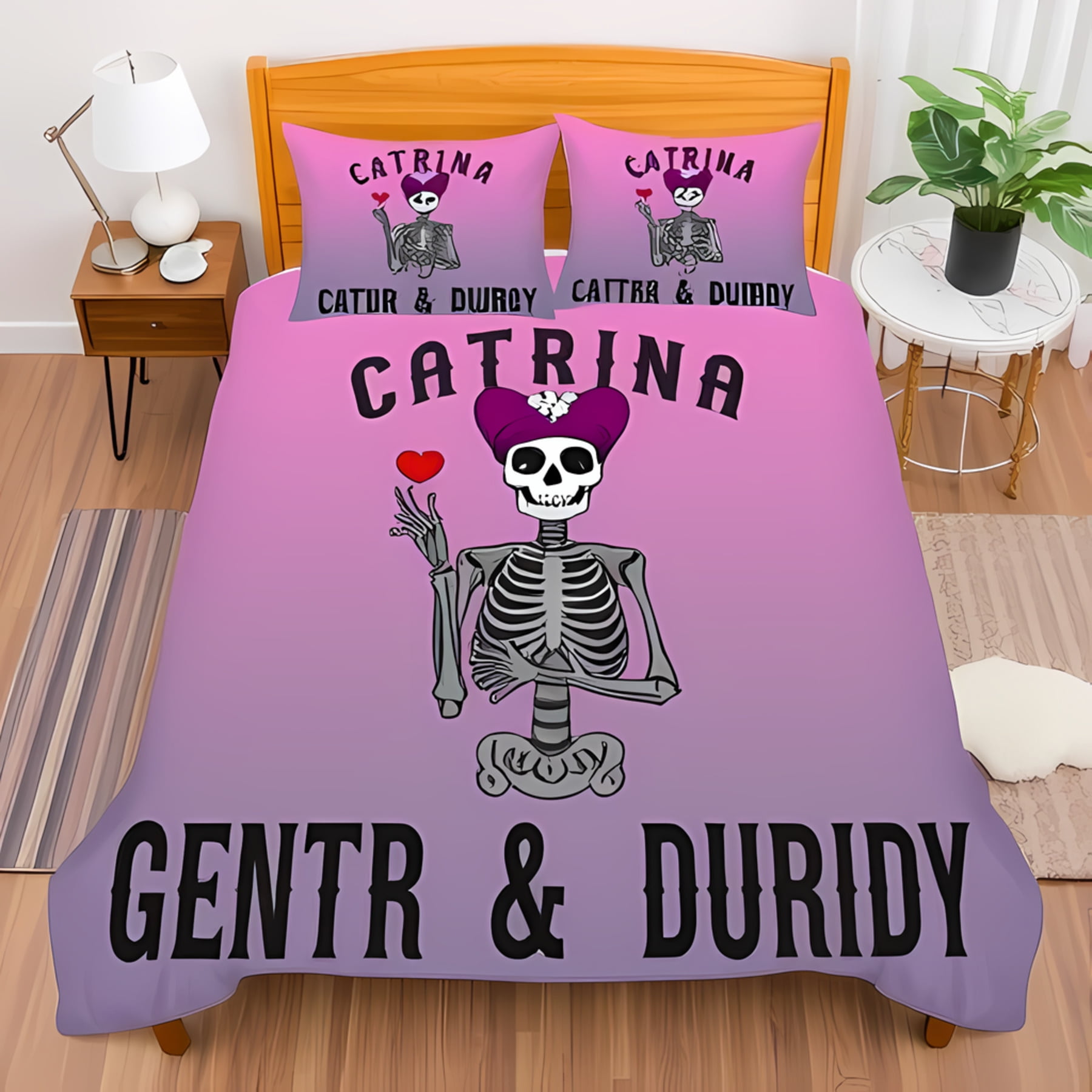 3-Piece Duvet Cover Set with Catrina Skeleton Design Colorful Floral ...