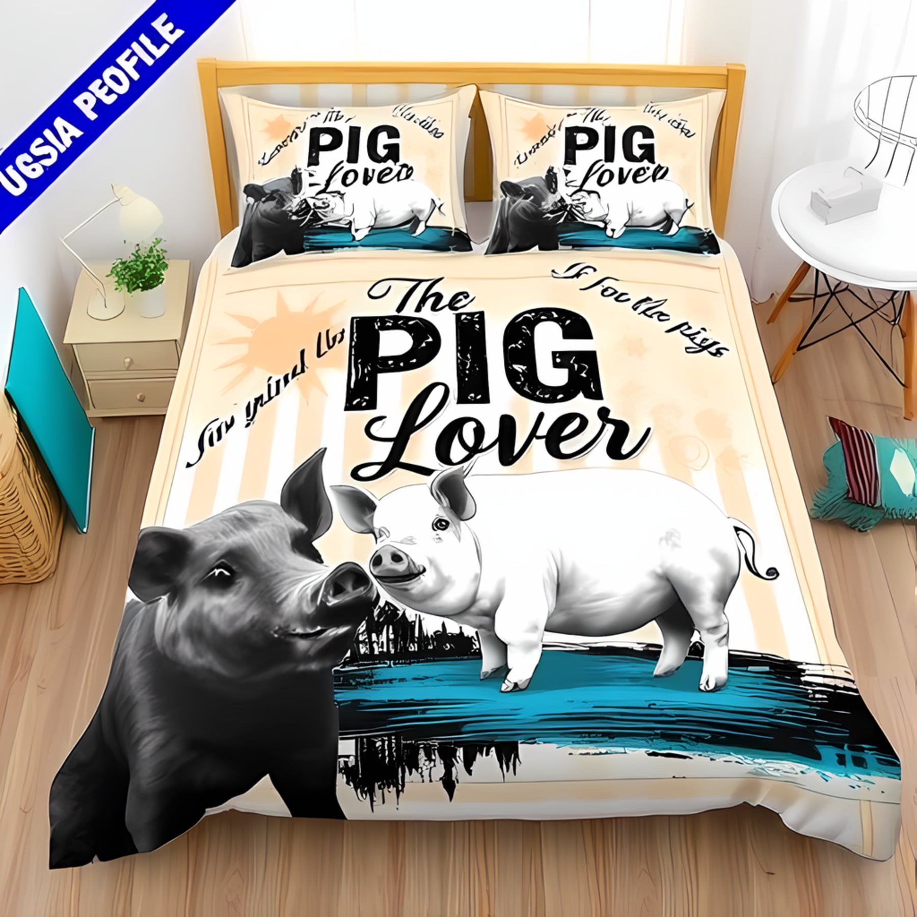 3-Piece Duvet Cover Set with Charming Pig Illustrations & 'The PIG ...