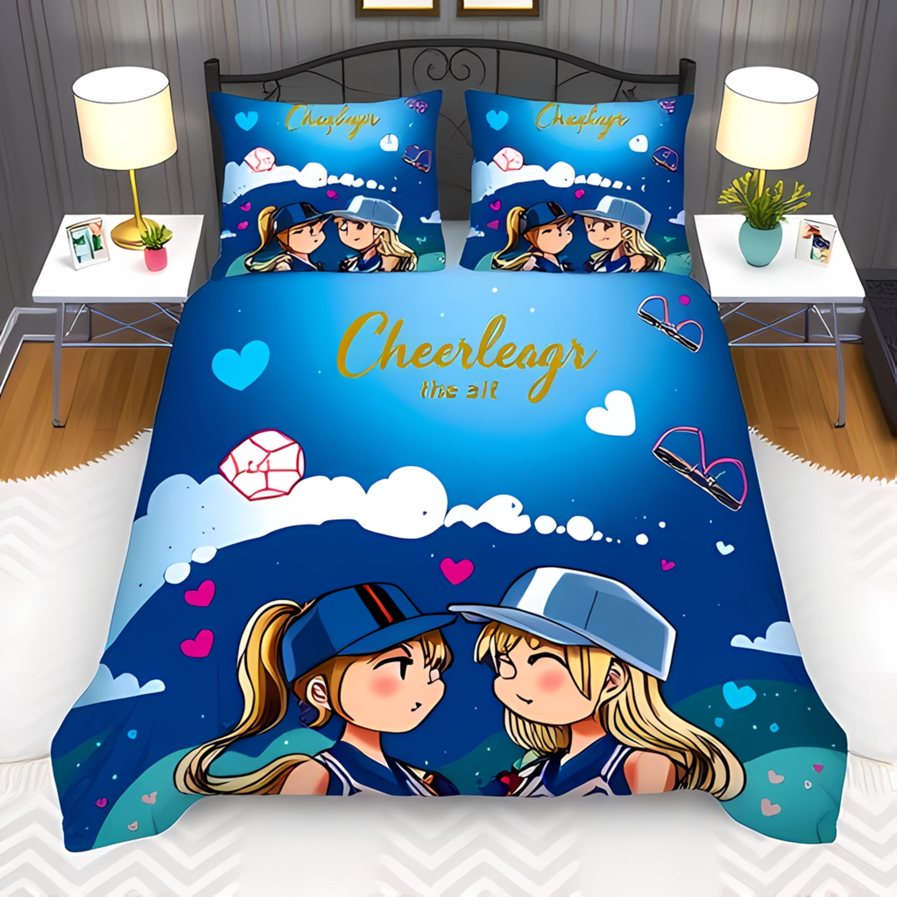 3-Piece Duvet Cover Set with Cheerful Animated Characters in Blue ...