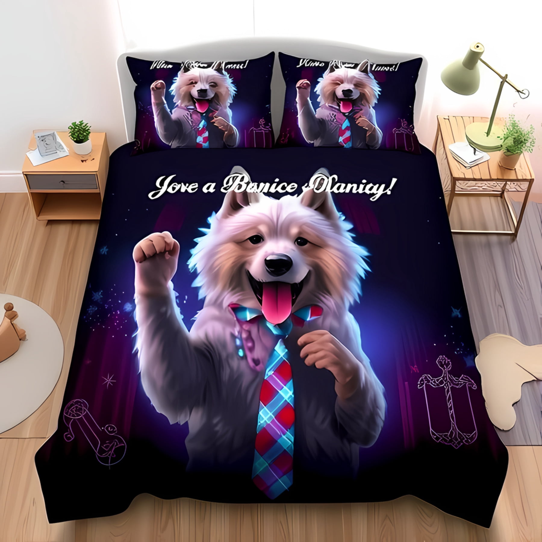 3-Piece Duvet Cover Set with Cheerful Animated Dog Design Colorful Tie ...
