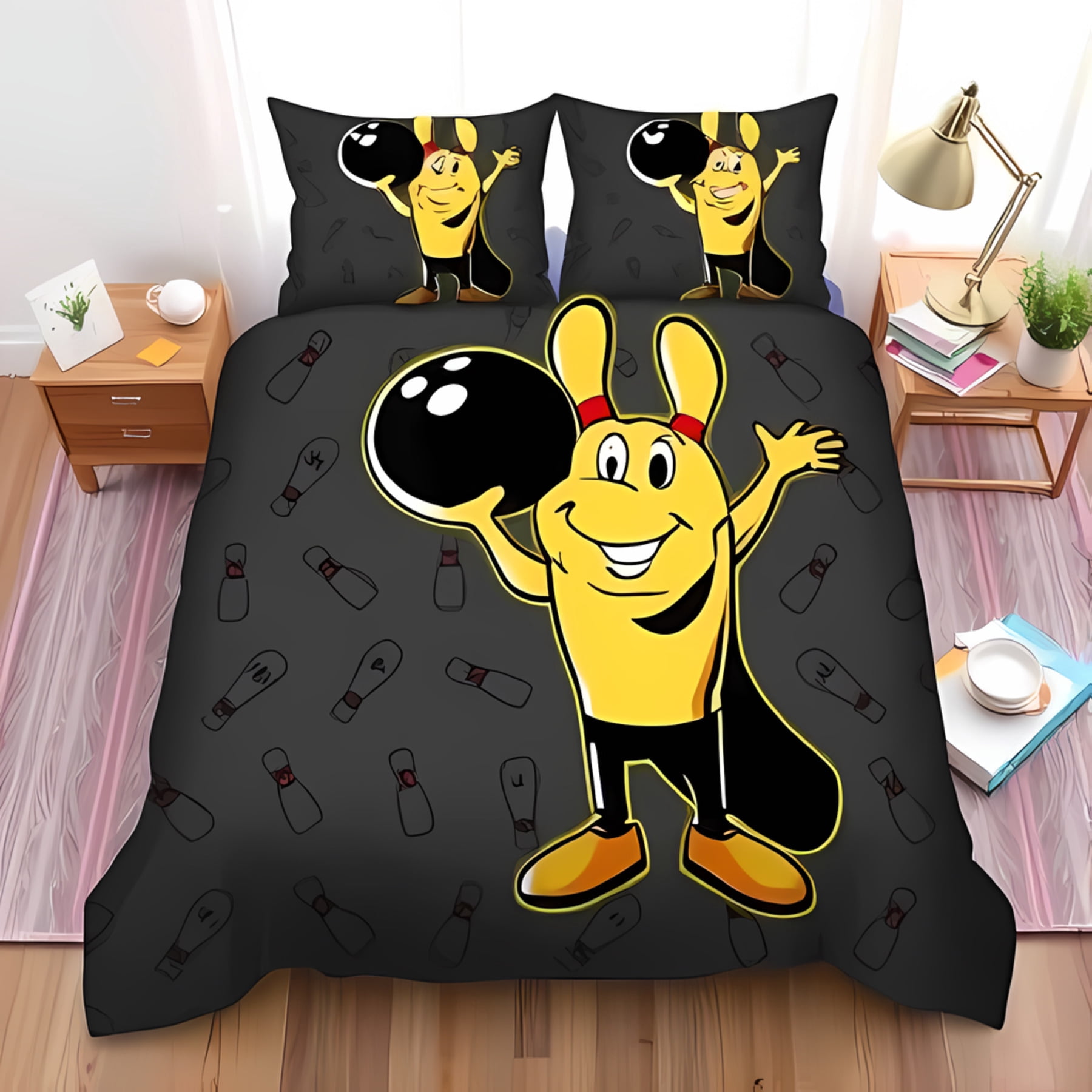 3-Piece Duvet Cover Set with Cheerful Cartoon Bee Character & Bowling ...