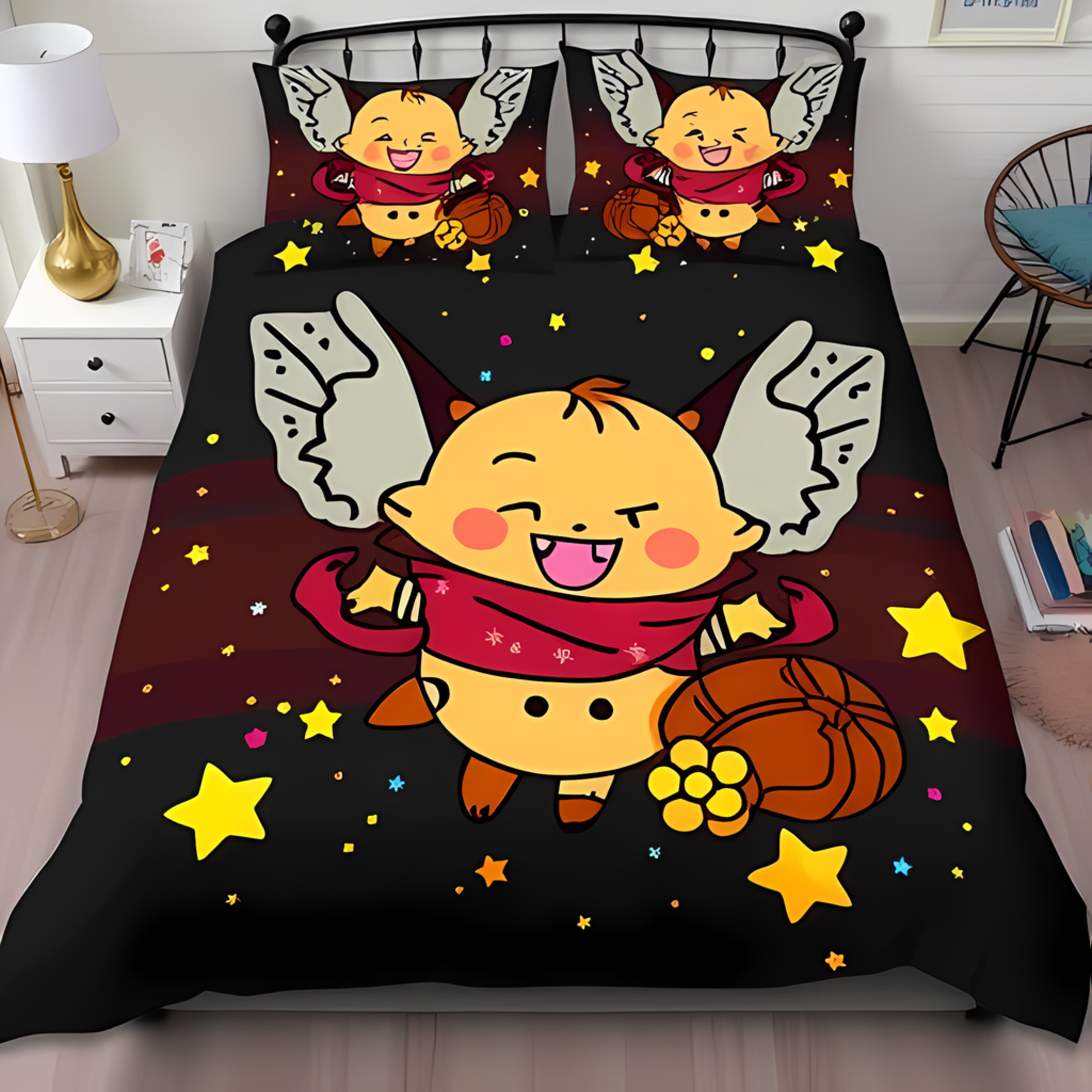 3-Piece Duvet Cover Set with Cheerful Cartoon Character Design Black ...