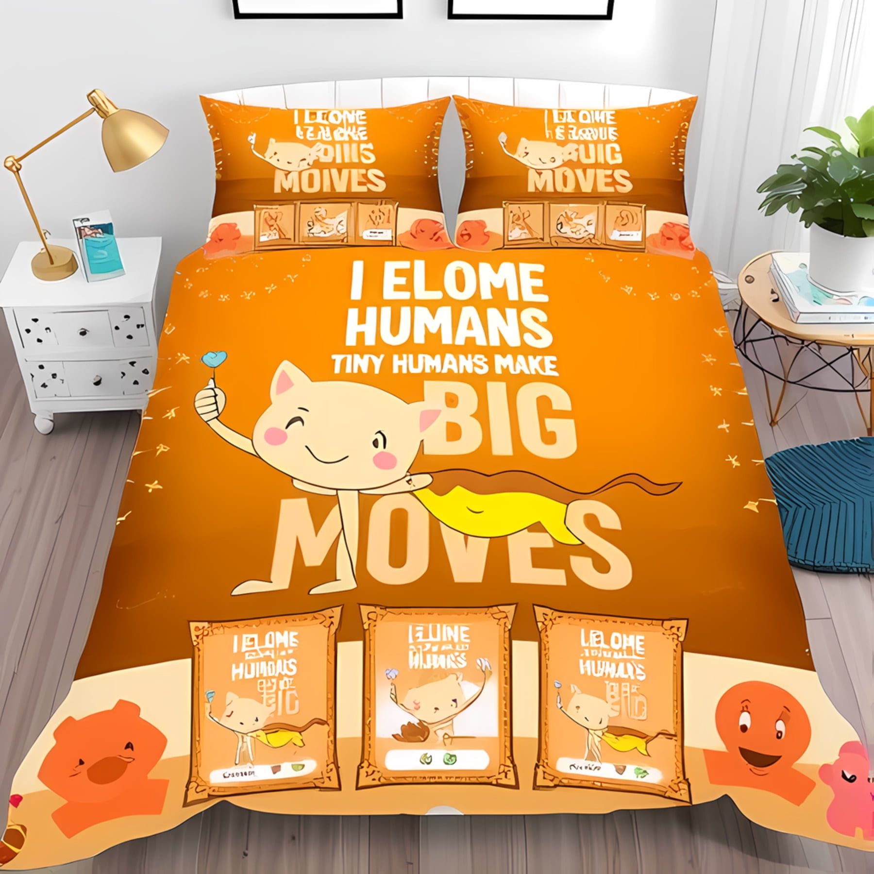 3-Piece Duvet Cover Set with Cheerful Cartoon Character Design Orange ...